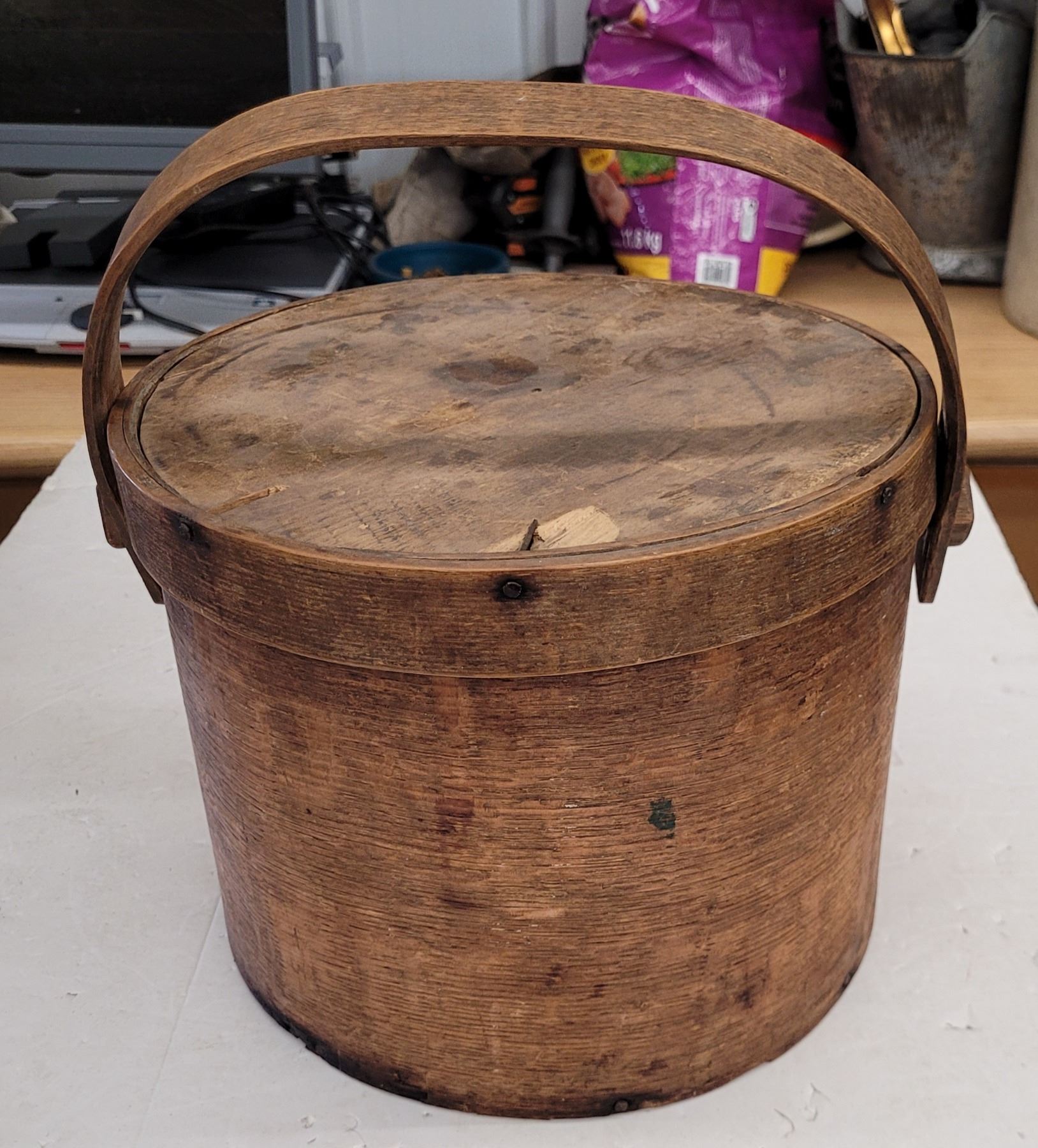 Primitive Birch Lidded Gathering Container - Wooden Doweled Handle ...