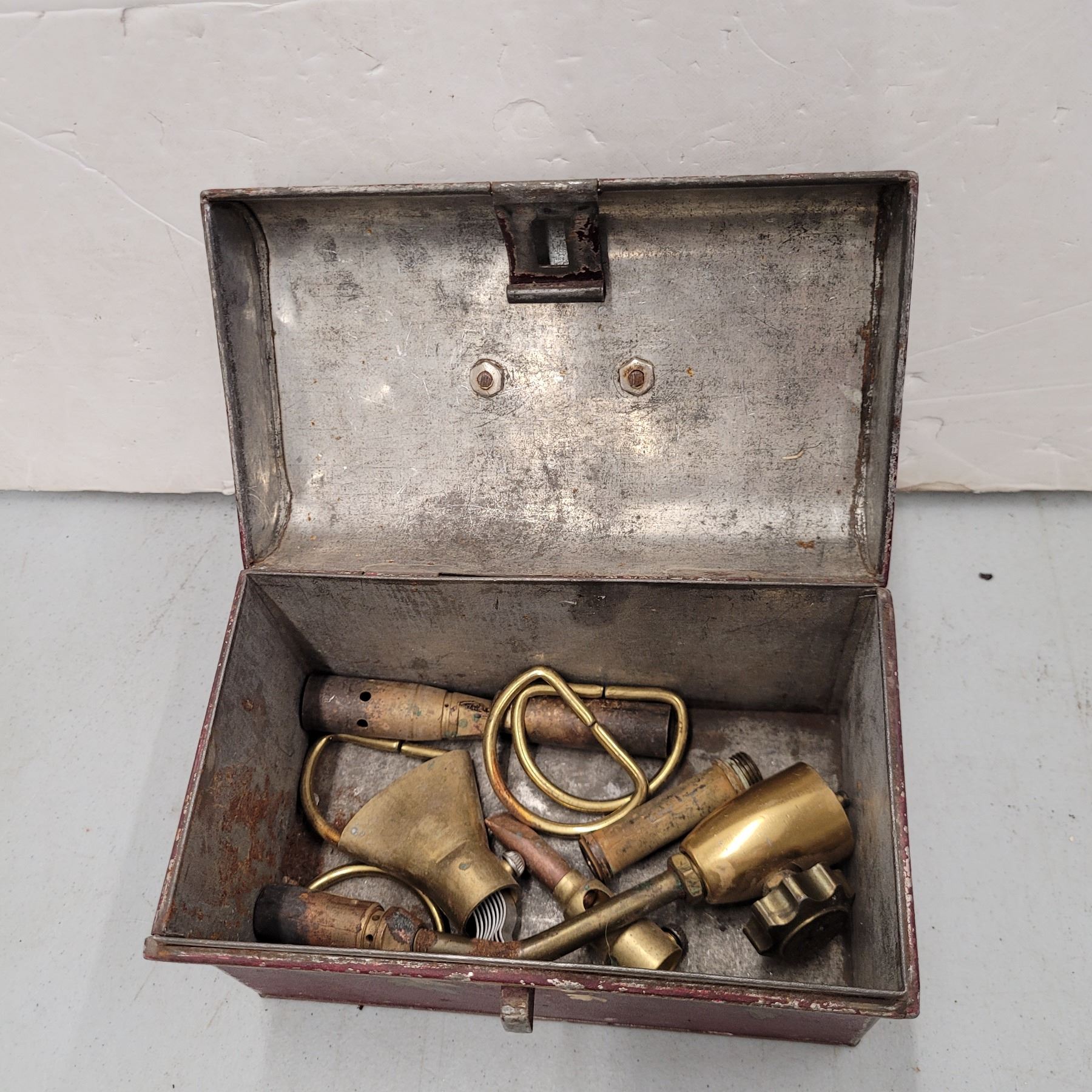 Antique Red Tin Box with Brass Torching Welding Pieces