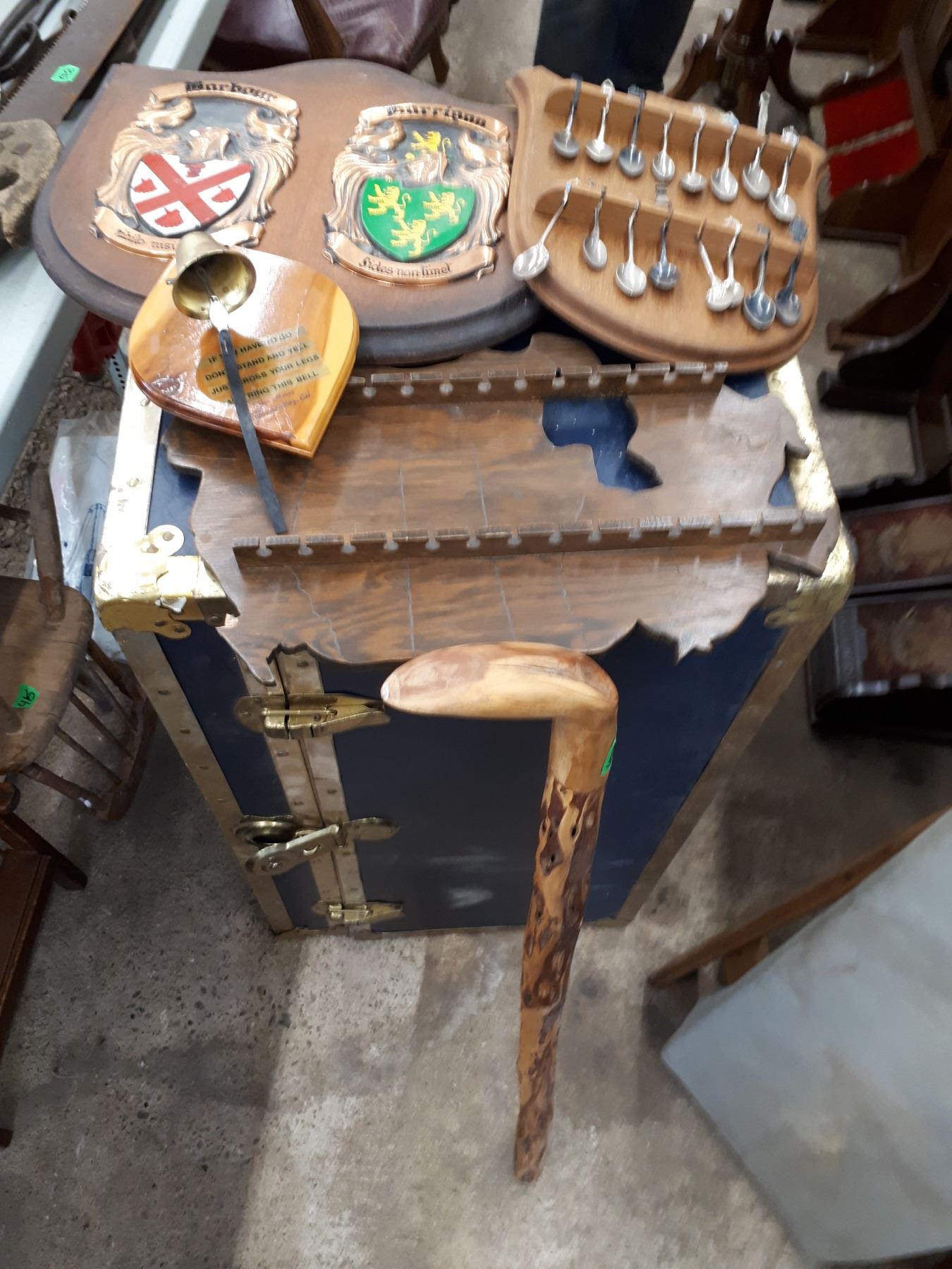 Vtg Wooden Walking Stick, Spoon Rack, Spoons