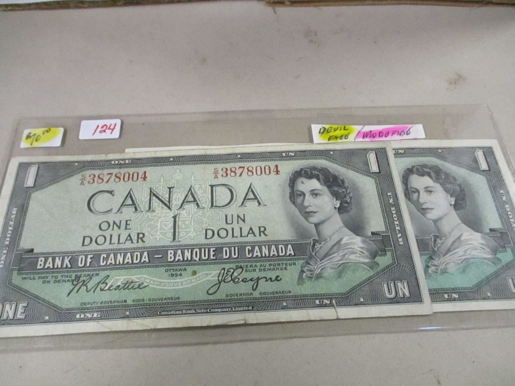 1954 DEVILS FACE & 1954 MODIFIED HAIR DOO SET OF CANADA $1 BILLS