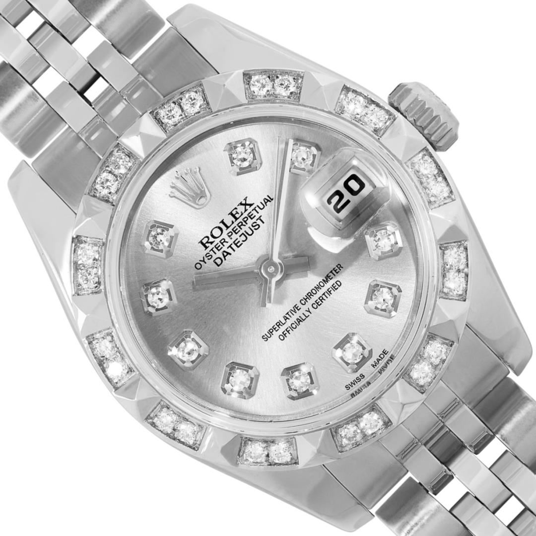 Rolex Ladies Stainless Steel Quickset Sapphire Silver Pyramid Diamond ...