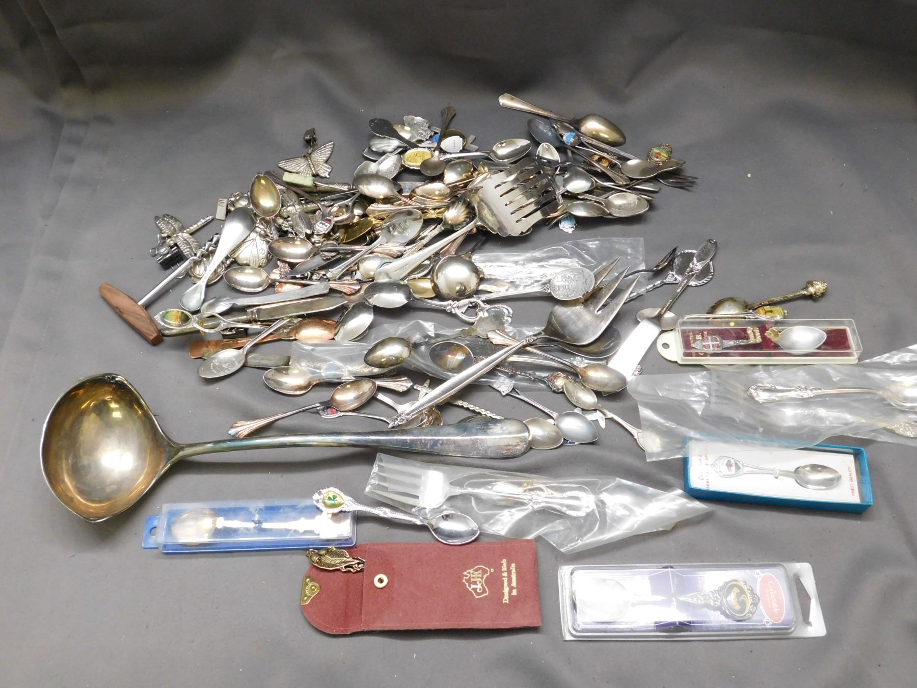 Box of Souvenir Collectible Spoons and Serving Silverware