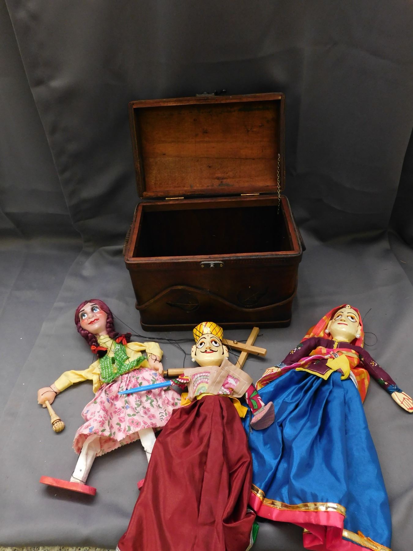 3 Vintage Puppets complete with a Decorative Wooden Carrying Case Box.