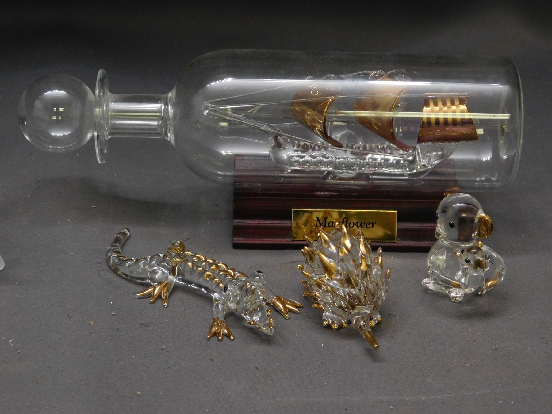 Art Glass Blown Glass Ship in a Bottle, Alligator, Porcupine, Monkeys ...