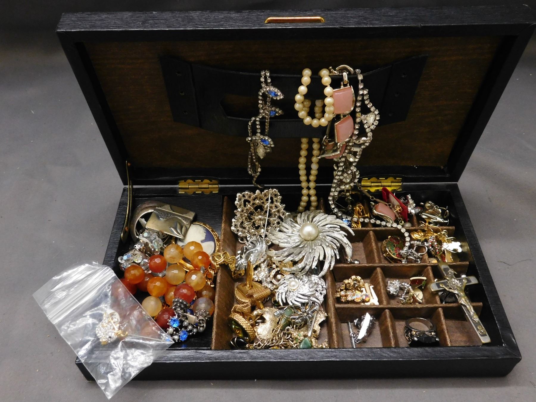 Costume Jewelry Box Full of Misc Jewelry, Skull & Crossbones Crucifix, Etc