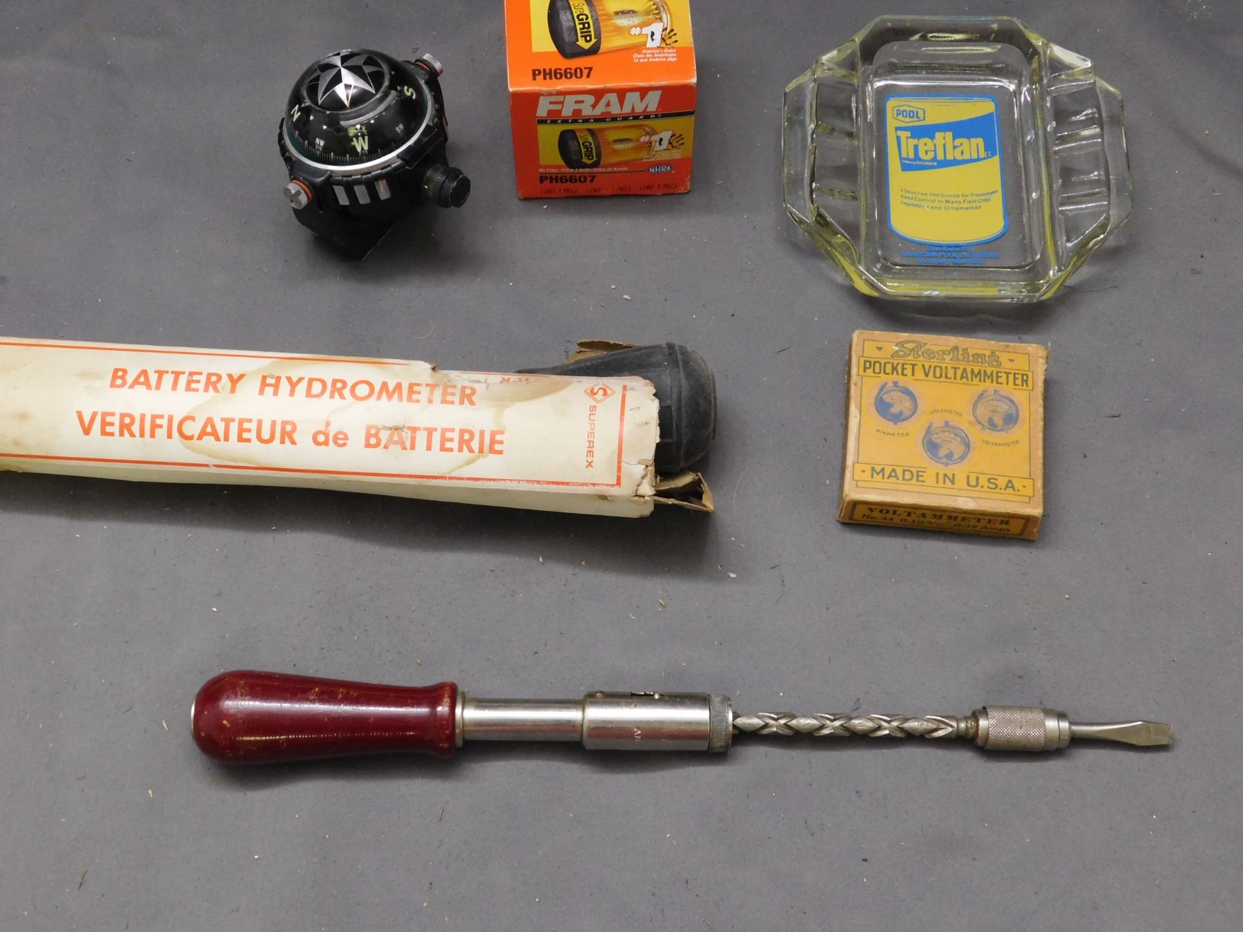Junk Drawer Lot FRAM Oil Filter, Pocket Voltammeter, Ash Tray, Ratchet ...