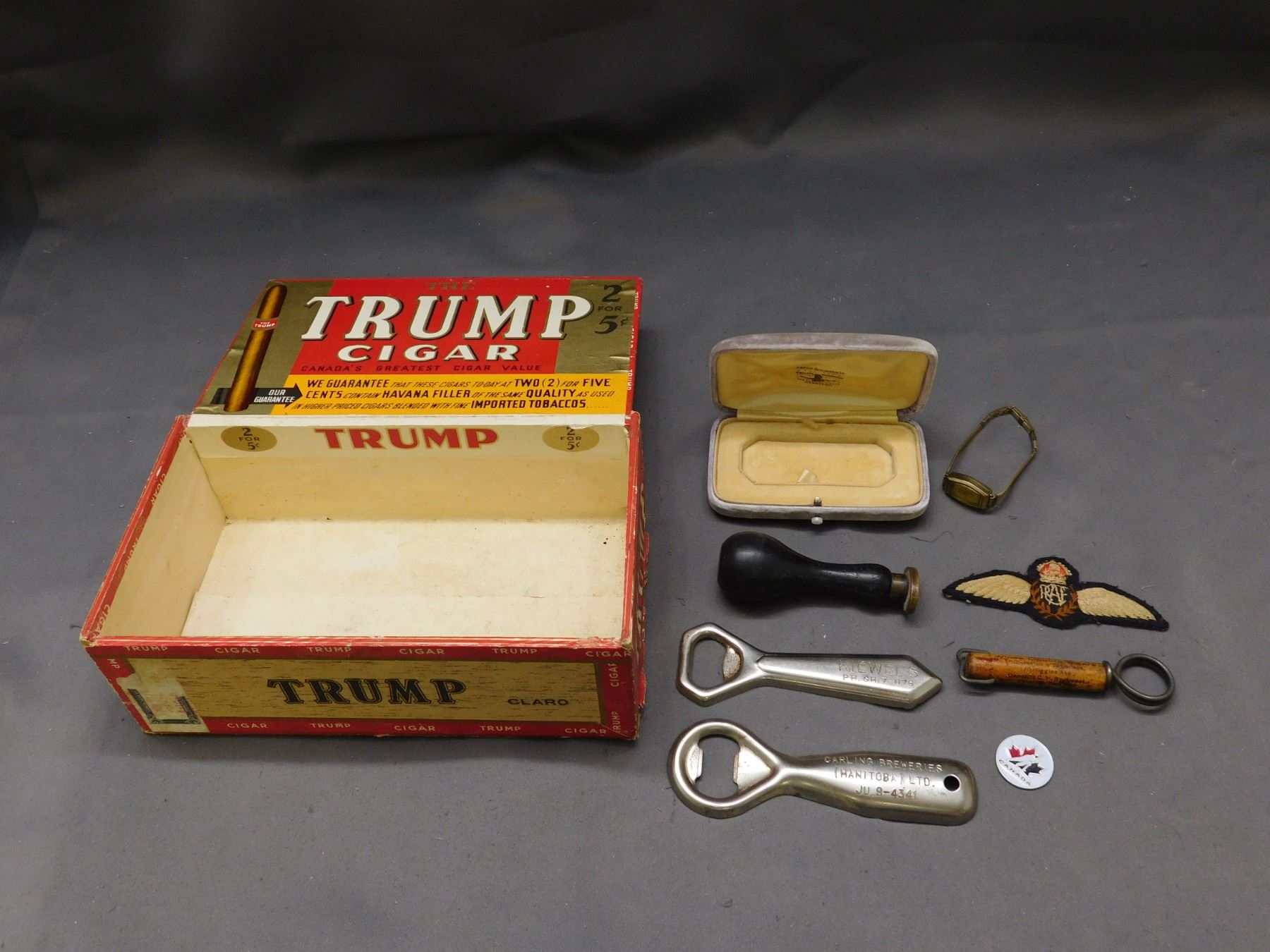 Junk Drawer Trump Cigar Box, Bottle Openers, Stamp, Patch, Watch, Pin