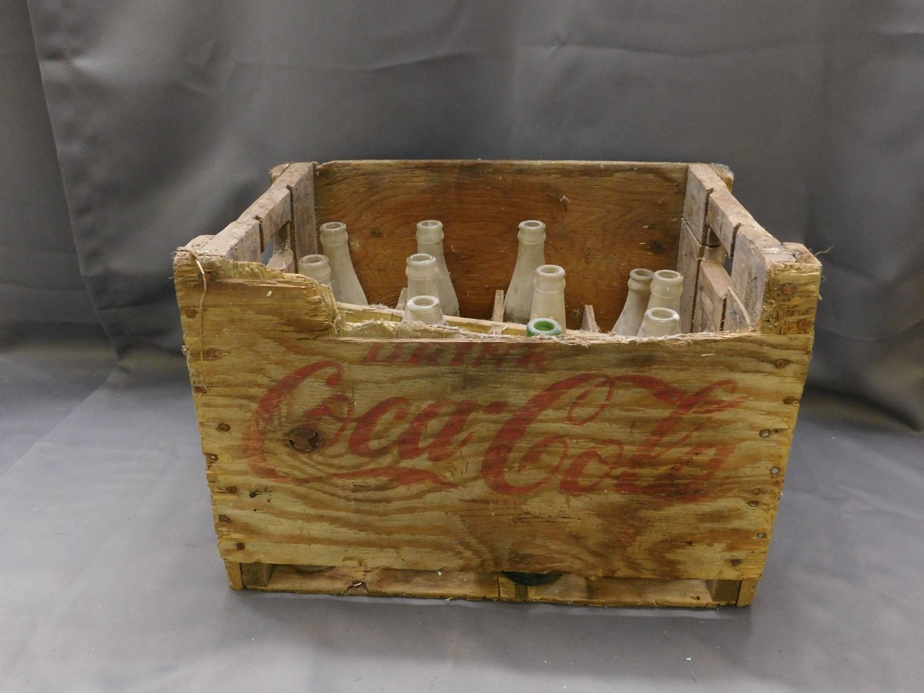 Vintage Wooden Coca Cola Crate Full of Glass Coca Cola Bottles, 7UP, Crush, Canada Dry, etc