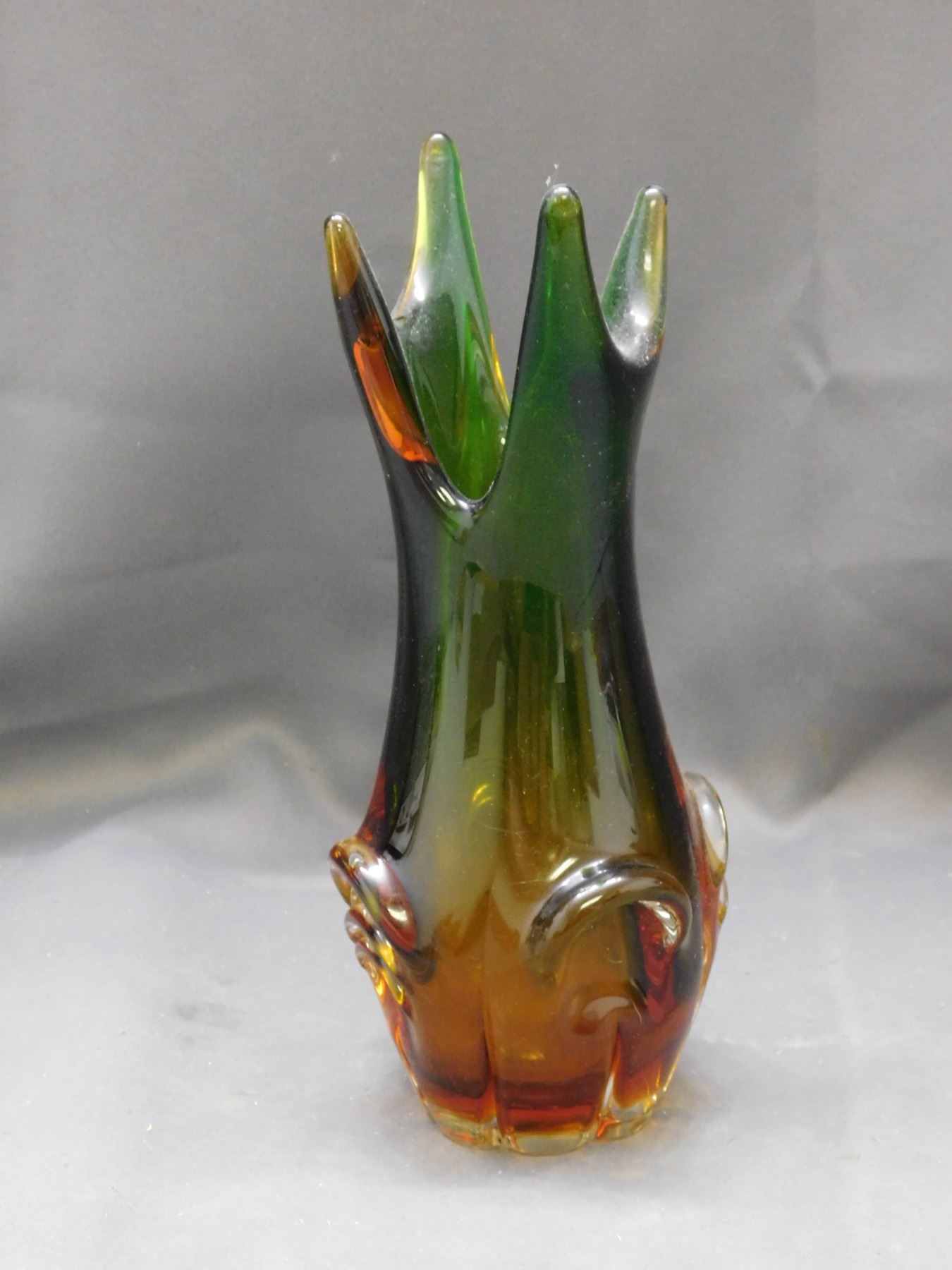 Vintage MCM Art Glass Blown Glass Vase Orange and Green 11" Unmarked
