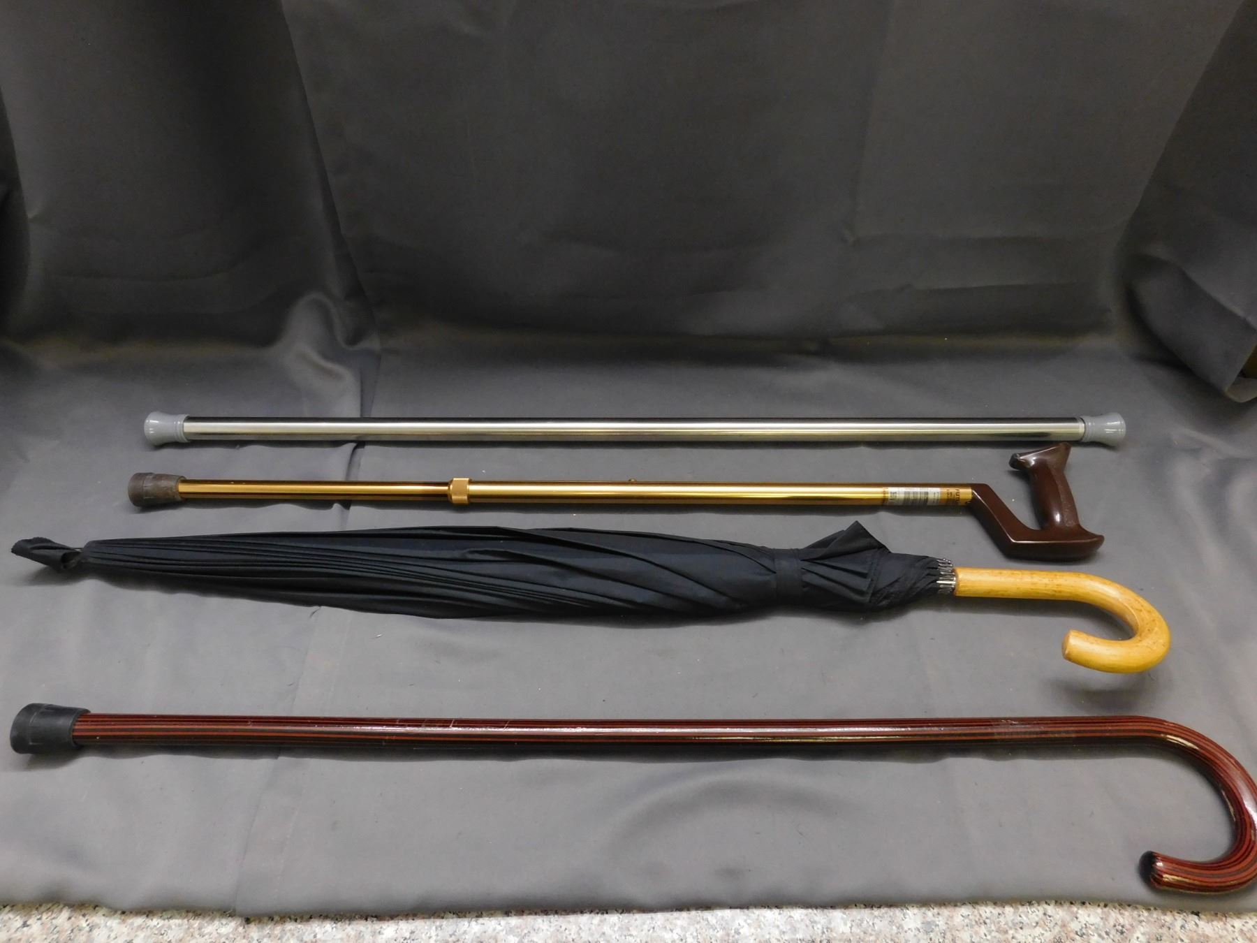 Lot of 4 Walking Canes, Umbrella and Tension Rod