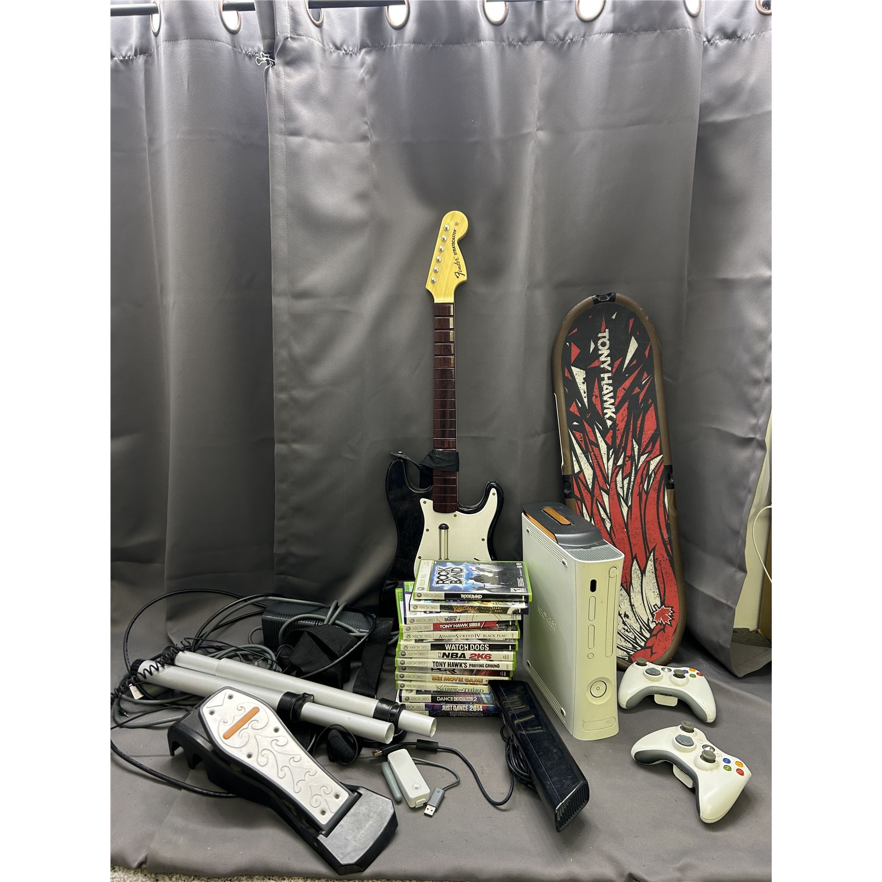 Xbox 360 Video Game Console Bundle, Rockband Guitar, Skateboard ...