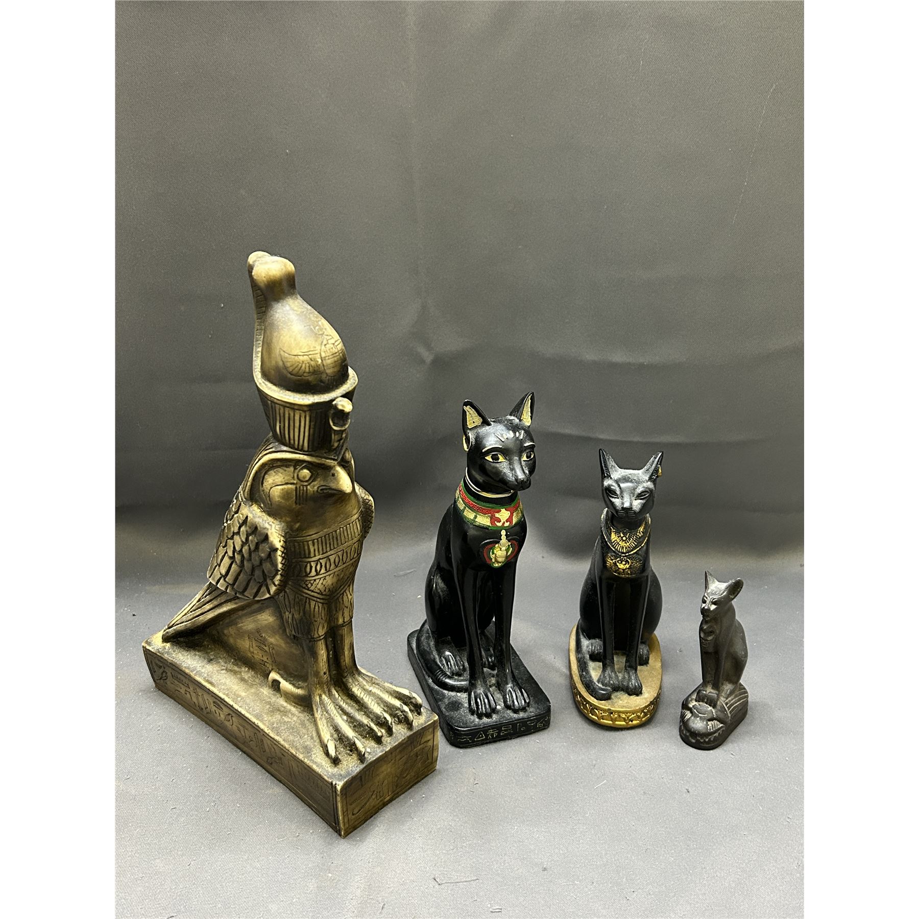 Lot of 4 Egypt Egyptian Polystone Resin Figurines Cats, Falcon