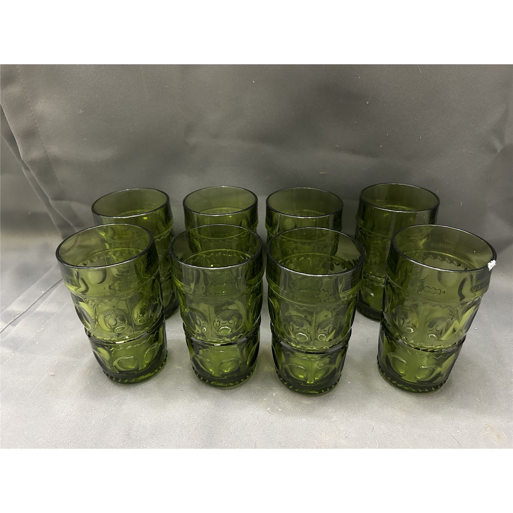Set of 8 Vintage MCM Dark Forest Green Coin Dot Glasses