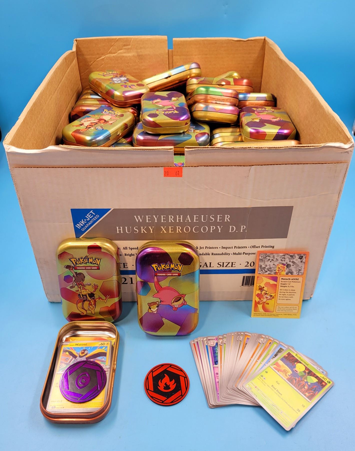 Large Lot Of Pokémon Tins Full Of Cards & Token