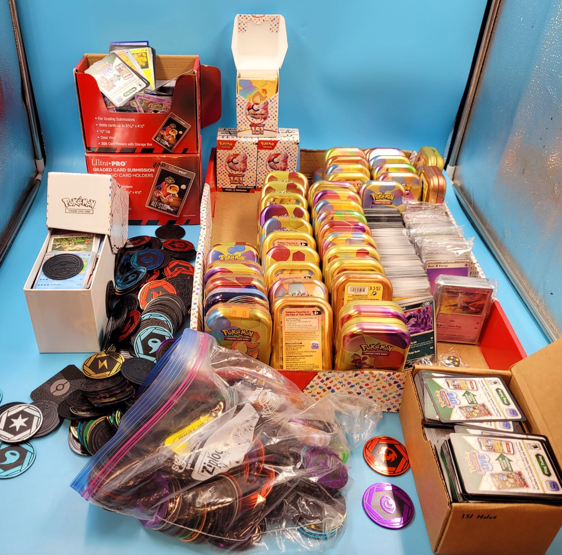 Large Lot Of Pokémon Tins, Cards & Tokens