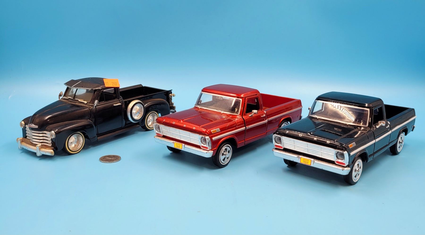 2 '69 Ford F-100 Pickups & '53 Chevrolet 3100 Diecast Models