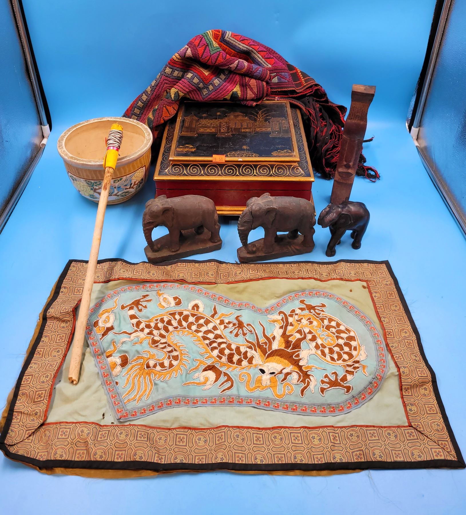 World Decor Lot w/ Chinese Table Runner, Storage Box, Wooden Totem, & More