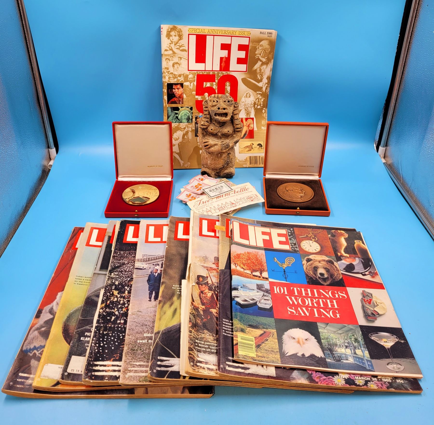 Lot Of VTG LIFE Magazines, Commemorative Coins, Statue & Stamps