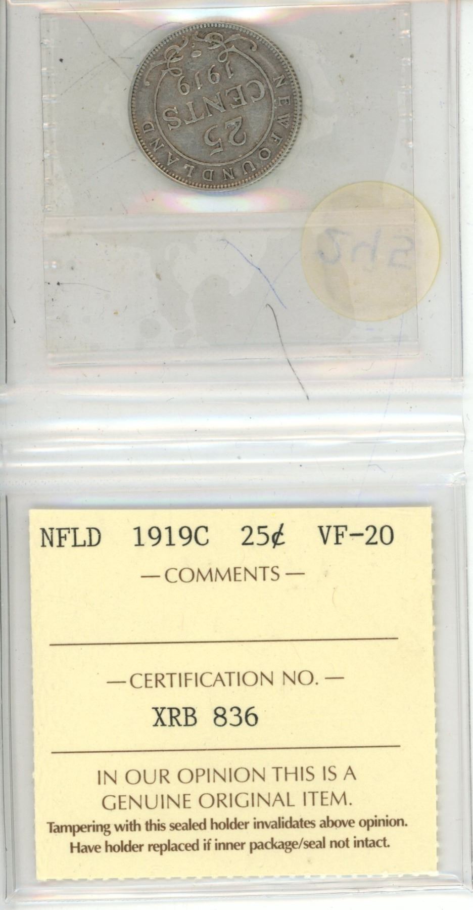 ICCS - NFLD 1919C 25 Cent VF-20 - Schmalz Auctions