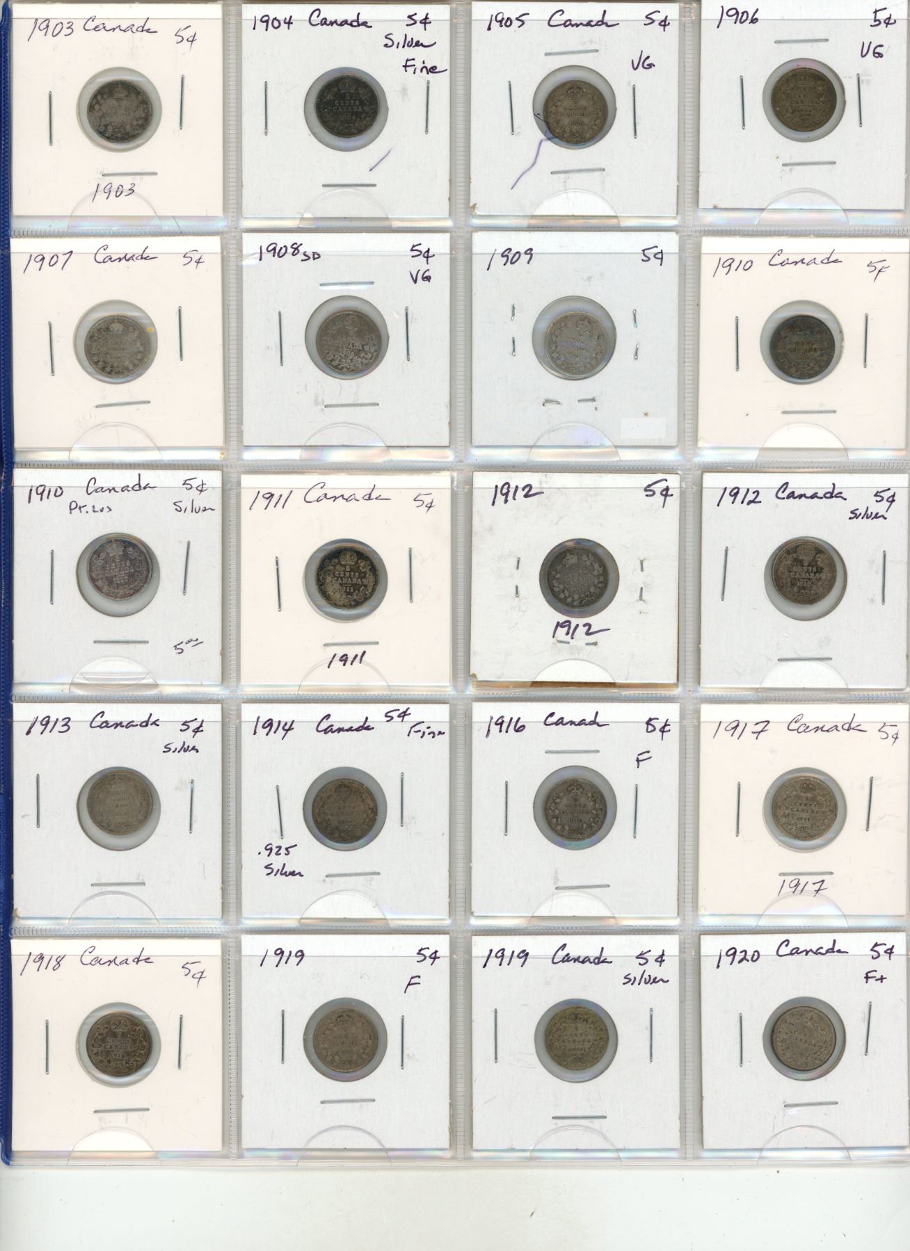 Lot of 20 Canada Silver 5¢: 1903-1909, 1910 (x2), 1911, 1912 (x2), 1913-14, 1916-18, 1919 (x2 ...