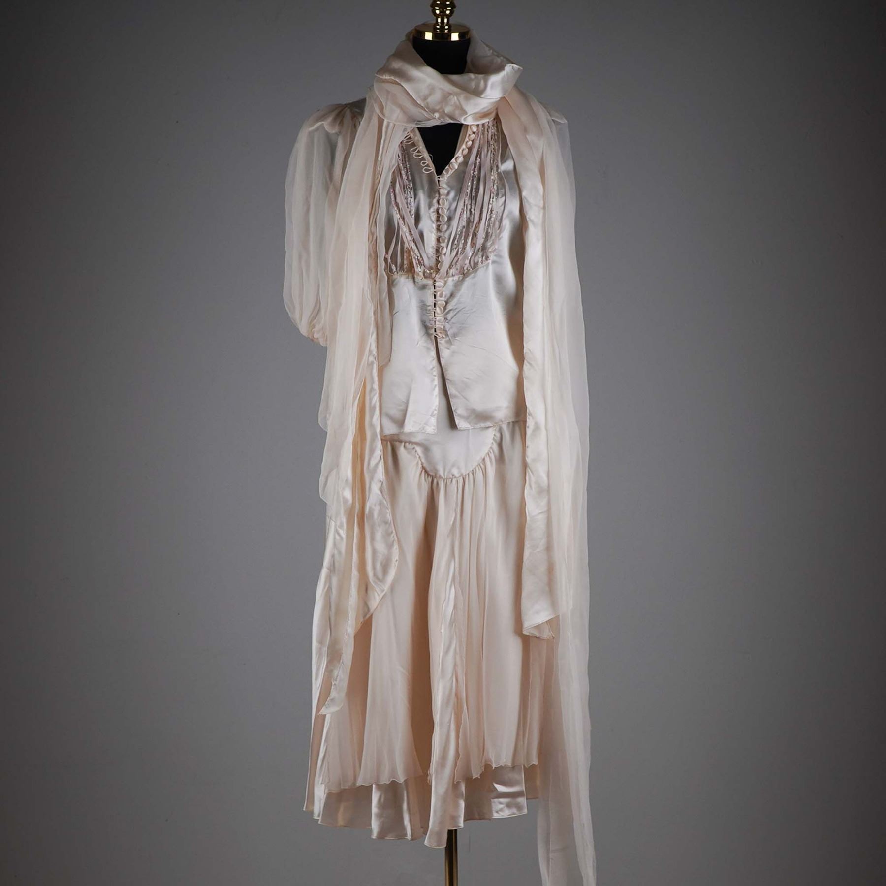 3 pc Cream Silk Chiffon Ensemble with Buttoned Bodice & Flowing Scarf