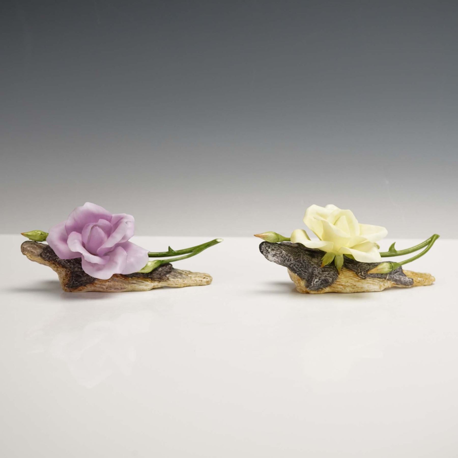 2pc Boehm Porcelain Figurines, Yellow and Lilac Roses