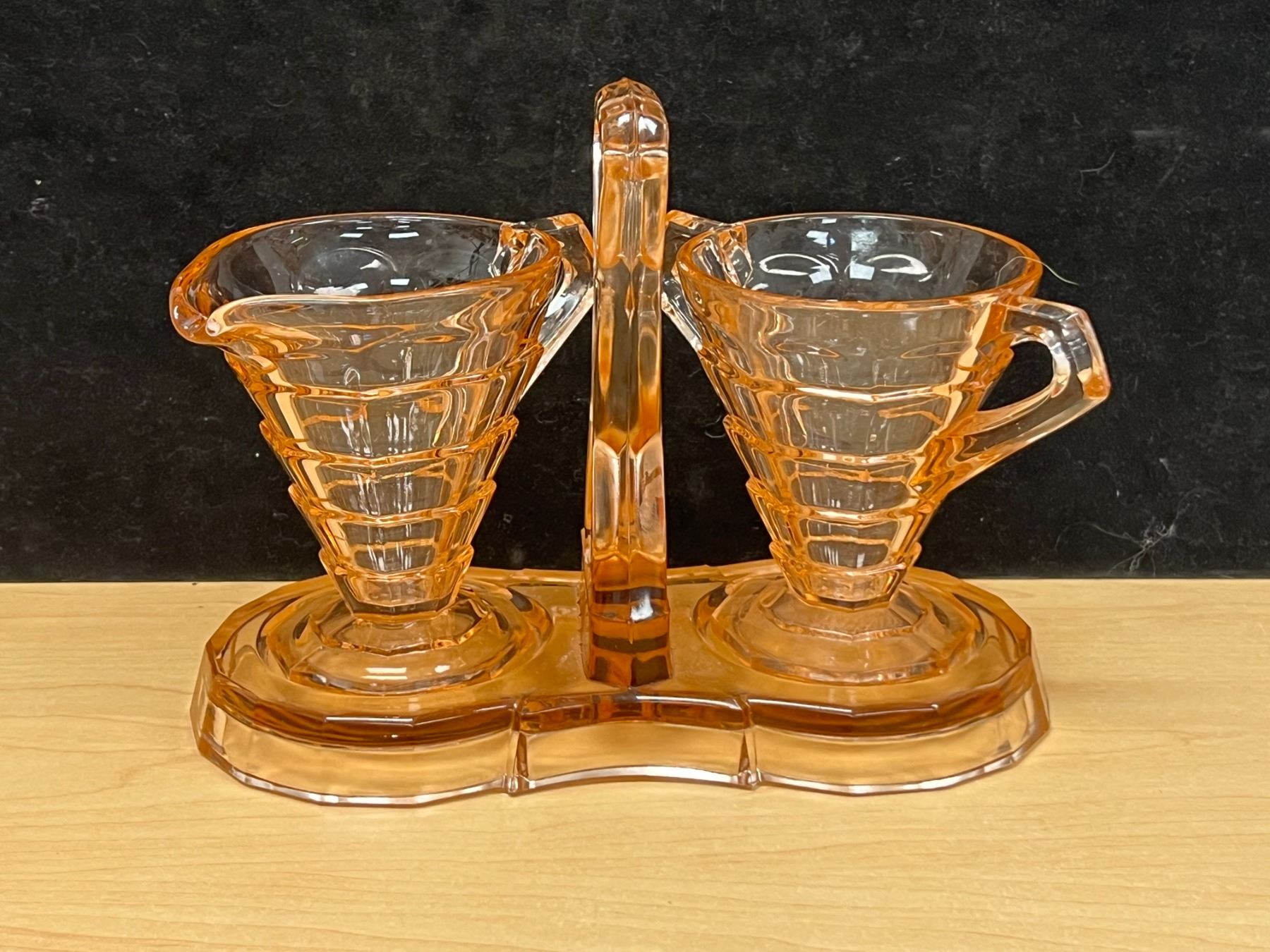 Pink Depression Glass Cream and Sugar with Caddy - see all photos