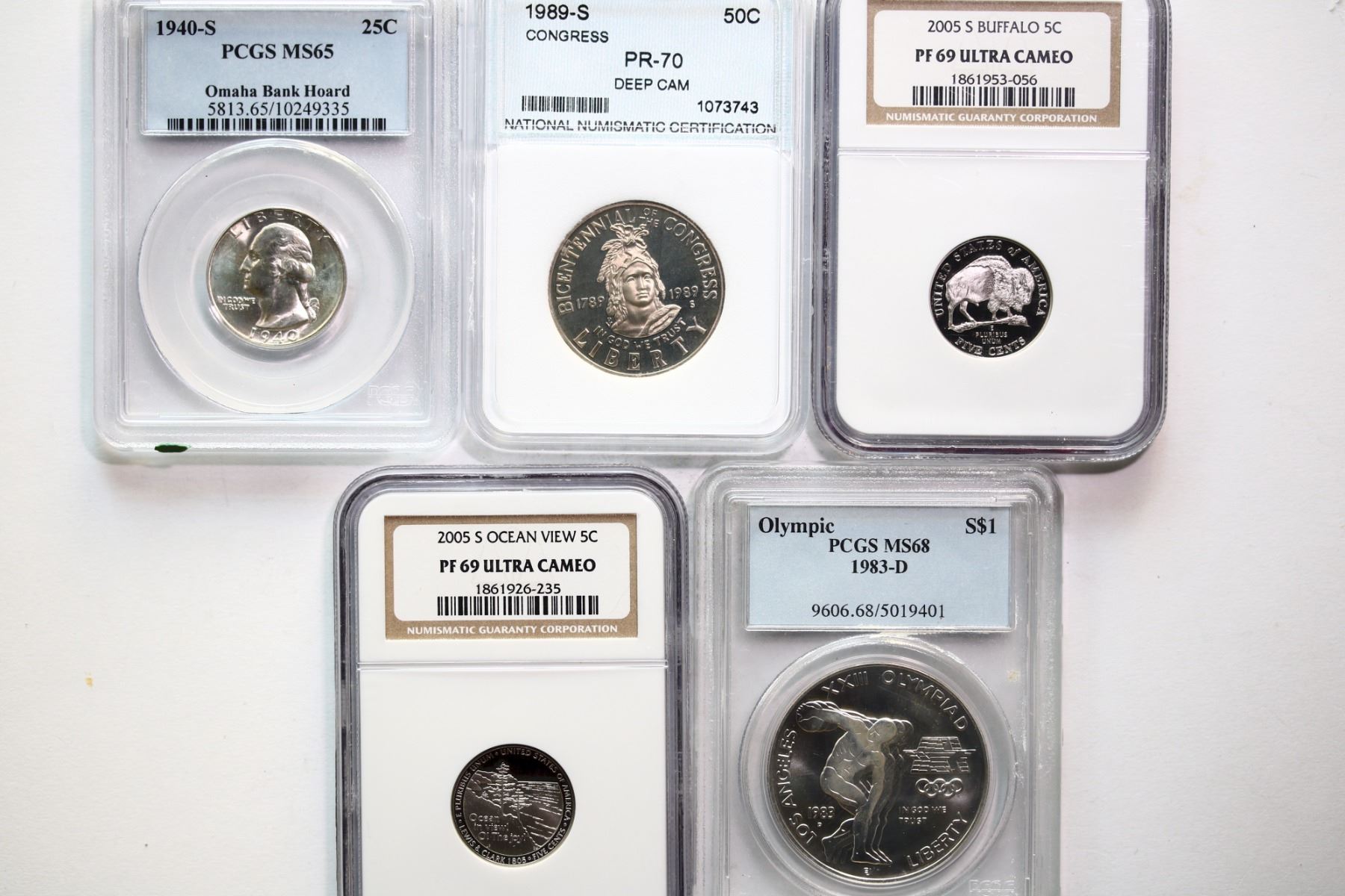 USA; 2005-S "Ocean view" 5¢, 2005-S 5¢ "Buffalo", 1989-S 50¢ "Congress ...