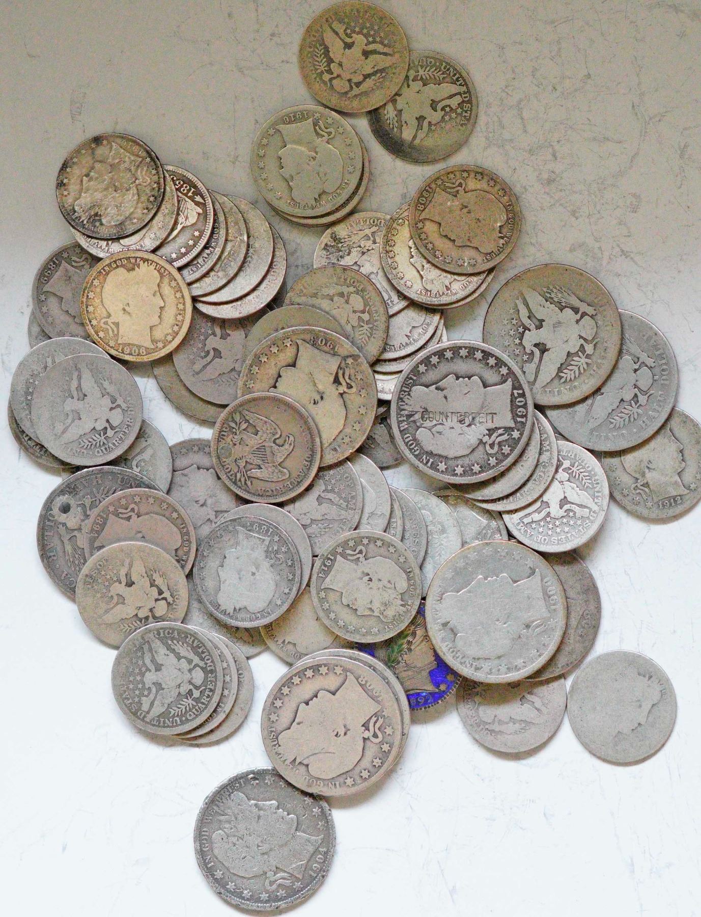 USA; 50¢ Barber (11) coins and 25¢ 1853-57 Liberty Seated and Barber ...