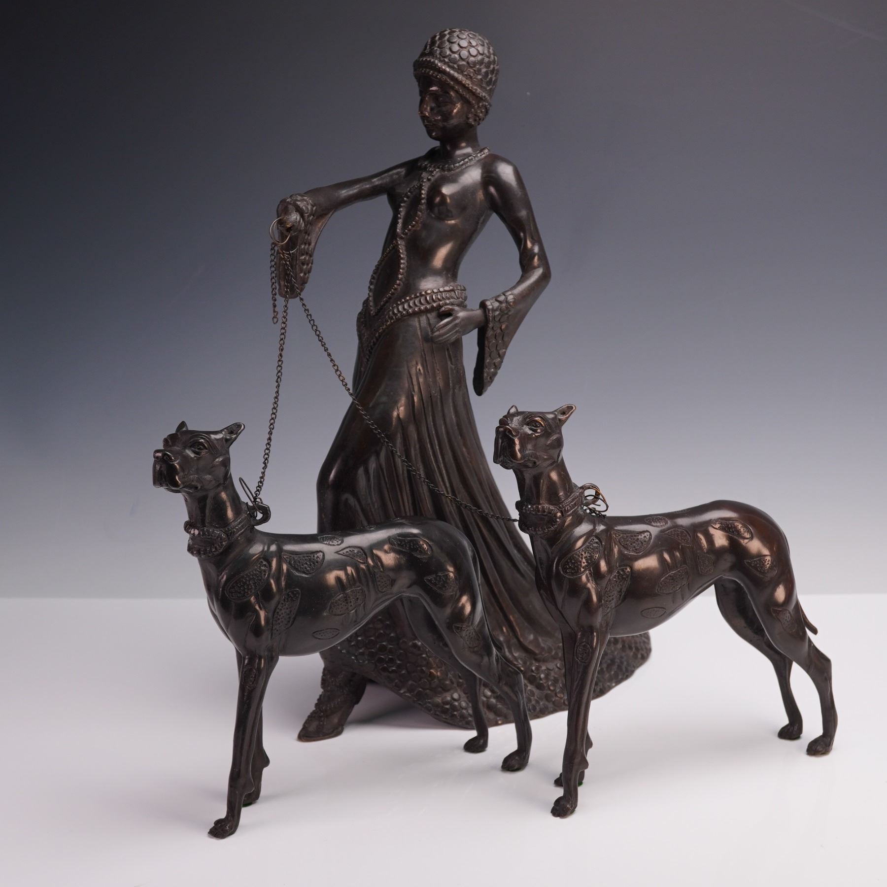 Art Deco Bronze-Style Sculpture, Lady and Great Danes by Sadek