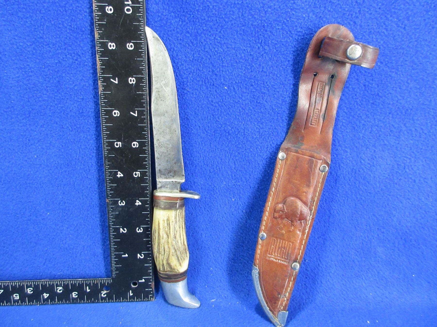 Vintage Buffalo Brand Ruko Solingen Fixed Blade Knife w/ Leather Sheath