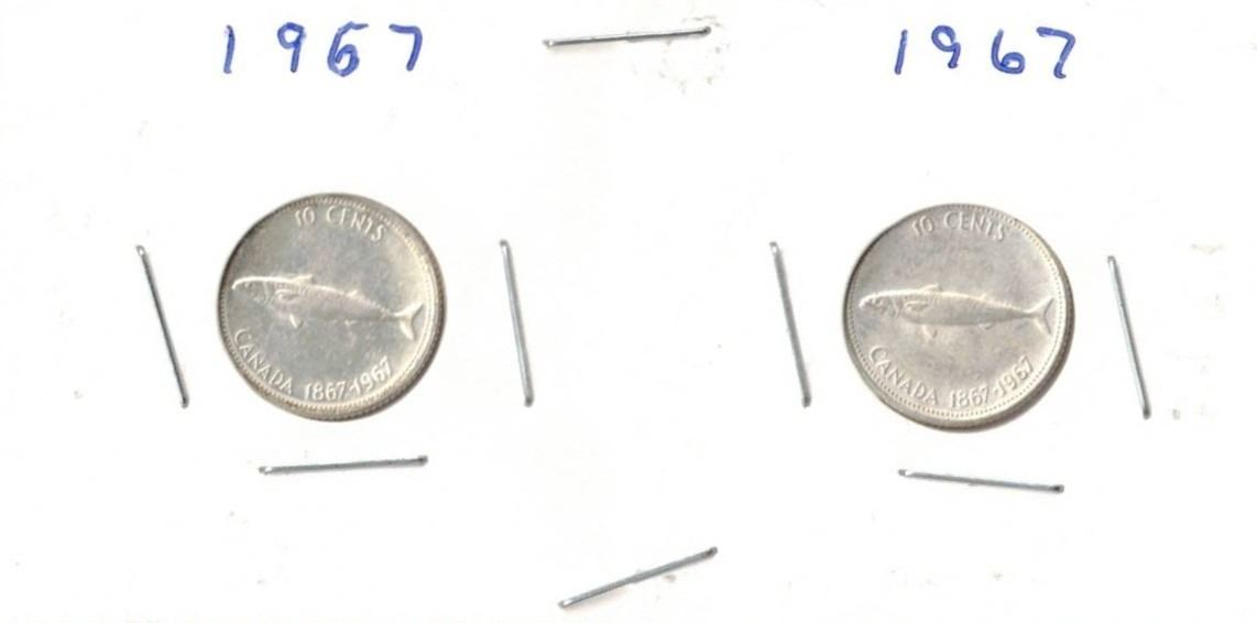 1967 TWO Canadian Centennial Dimes, FISH