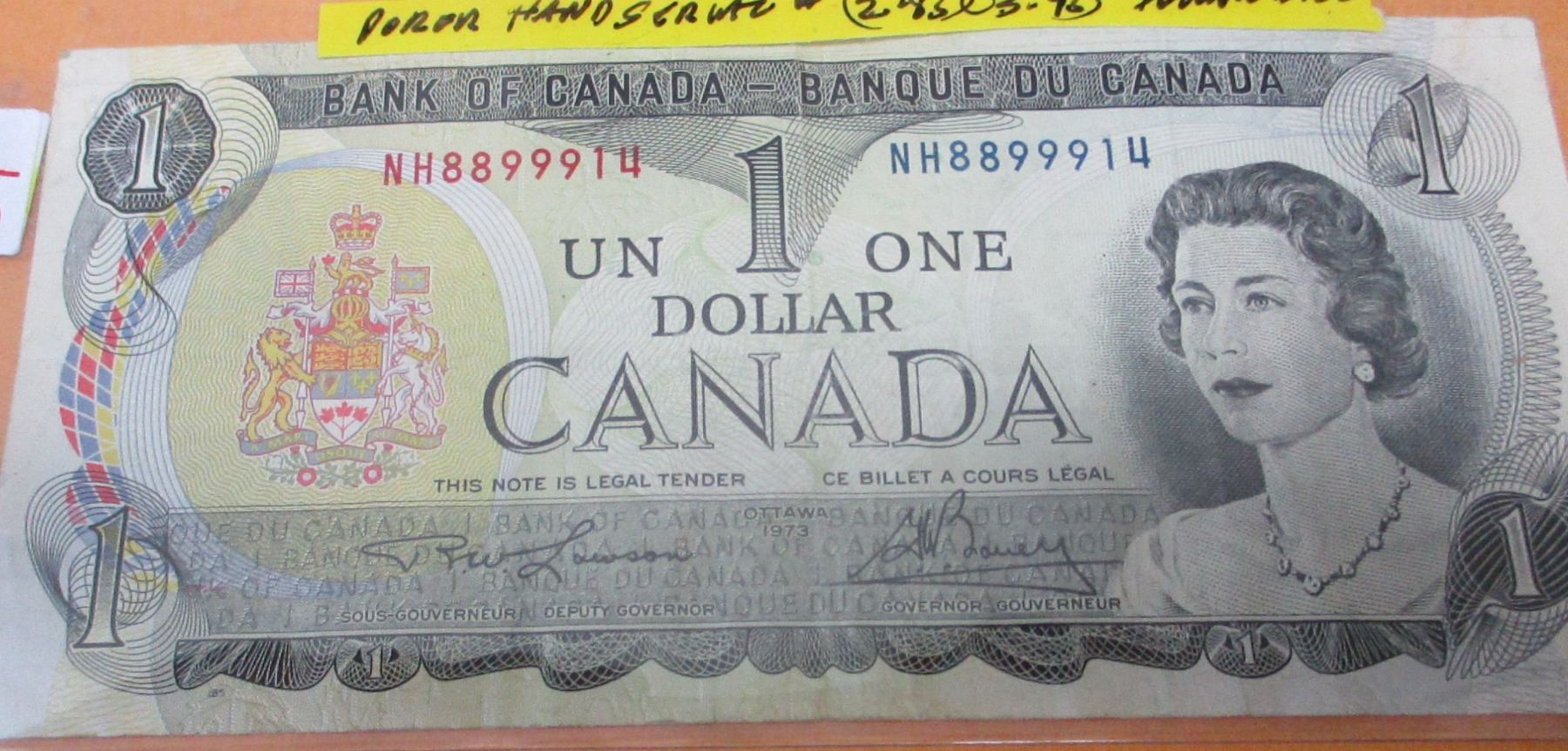 1973 BANK OF CANADA POKER HAND SERIAL NUMBER (3-9'S & 2-8'S) $1 BILL