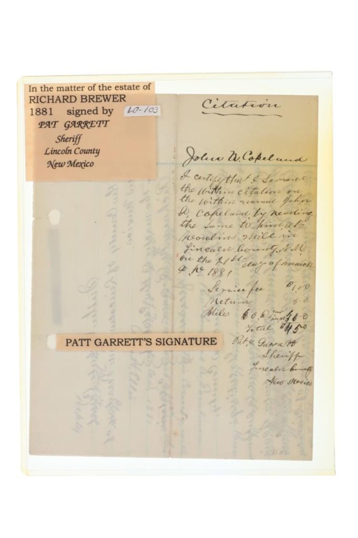 RARE Signed Pat Garrett Subpoena Order c. 1881