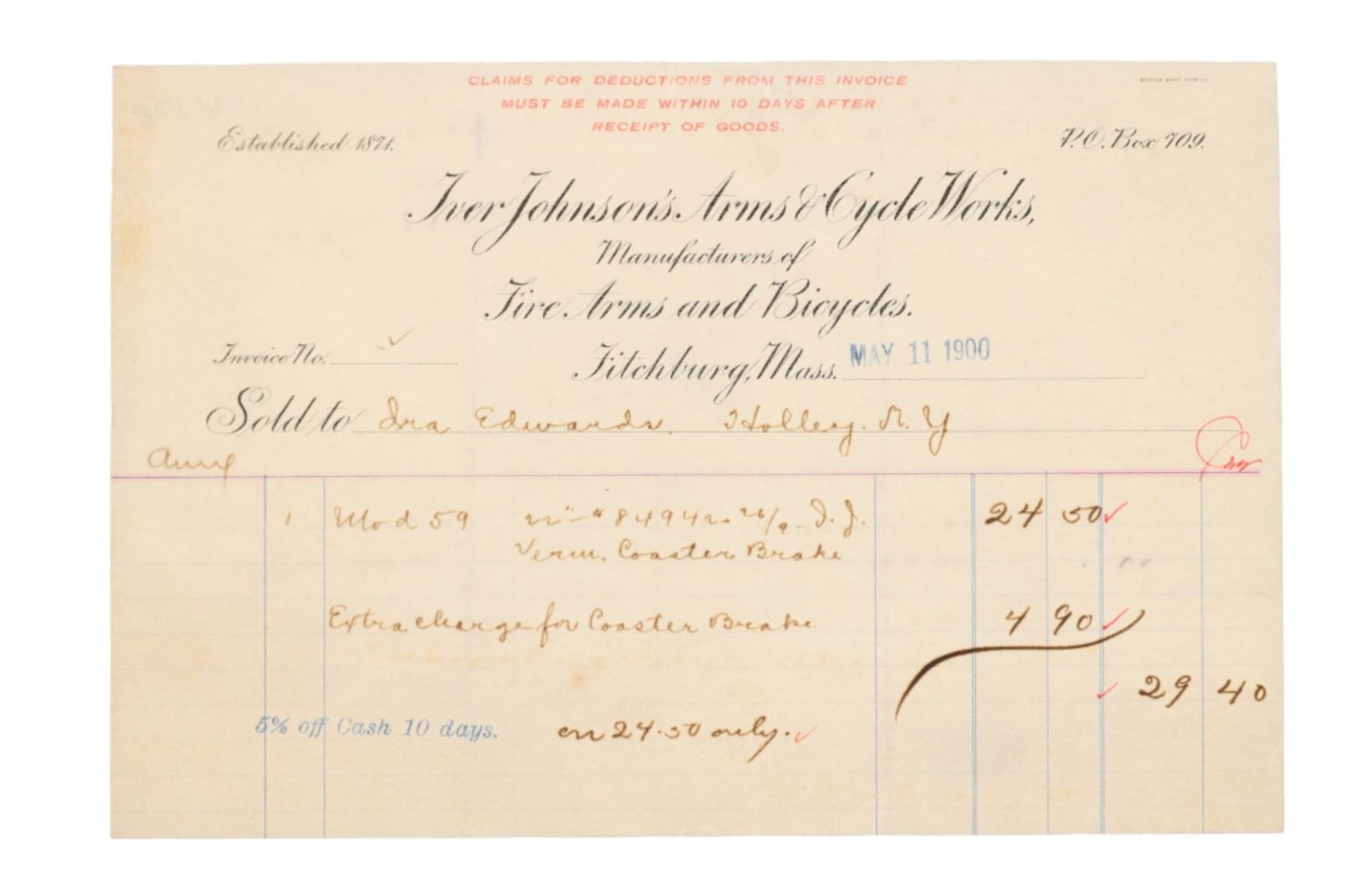 Ca. 1900 Iver Johnson's Arms & Cycle Works Receipt