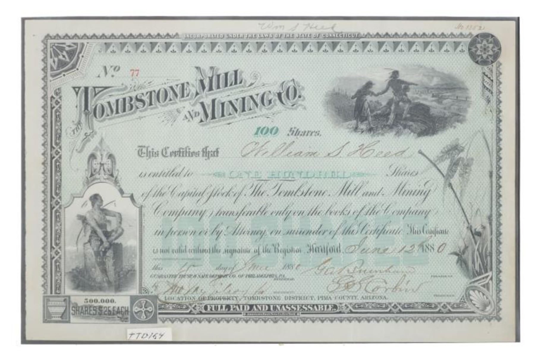 Tombstone Mill & Mining Co Mining Certificate 1881
