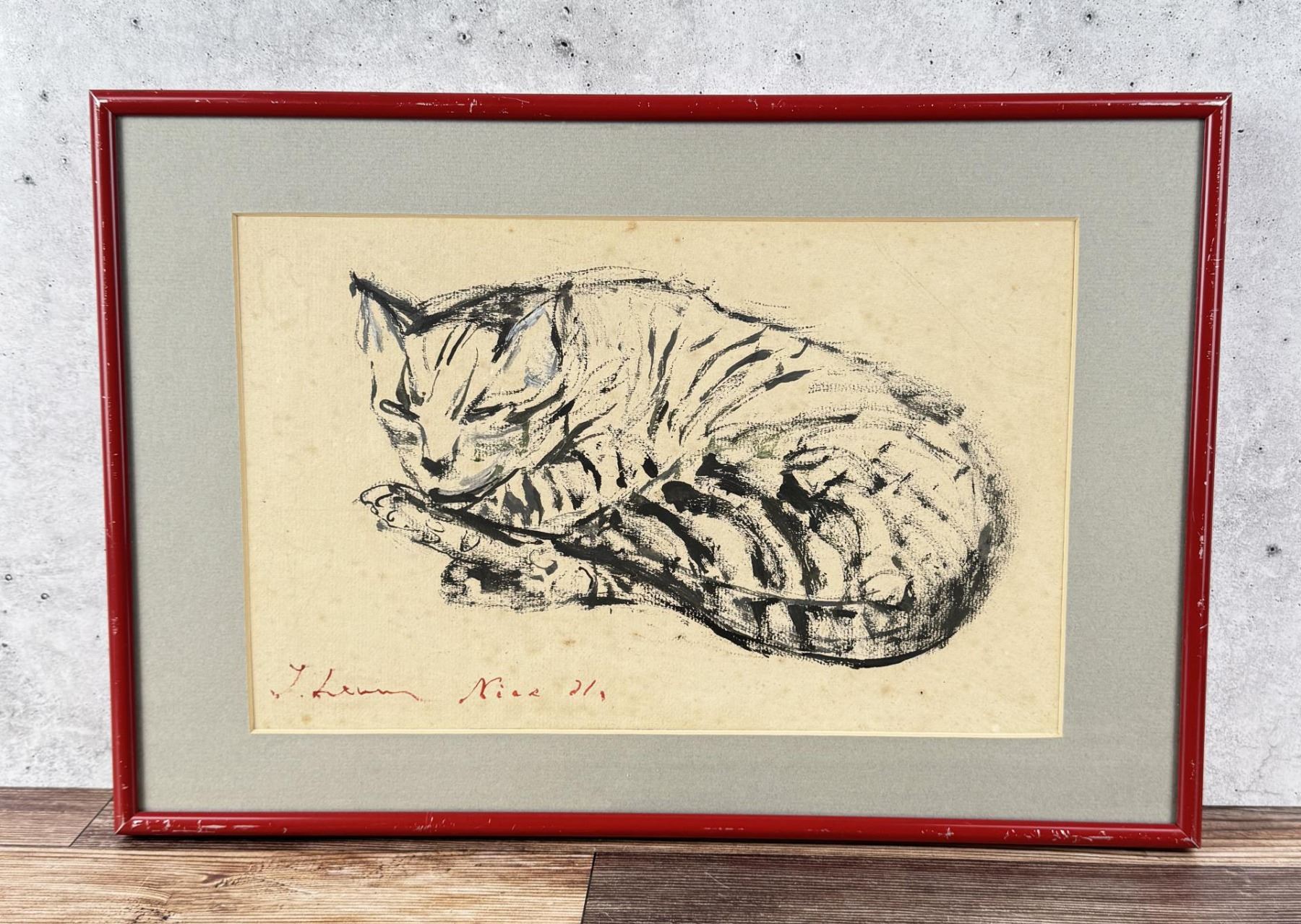 Jack Levine Reclining Cat India Ink Drawing