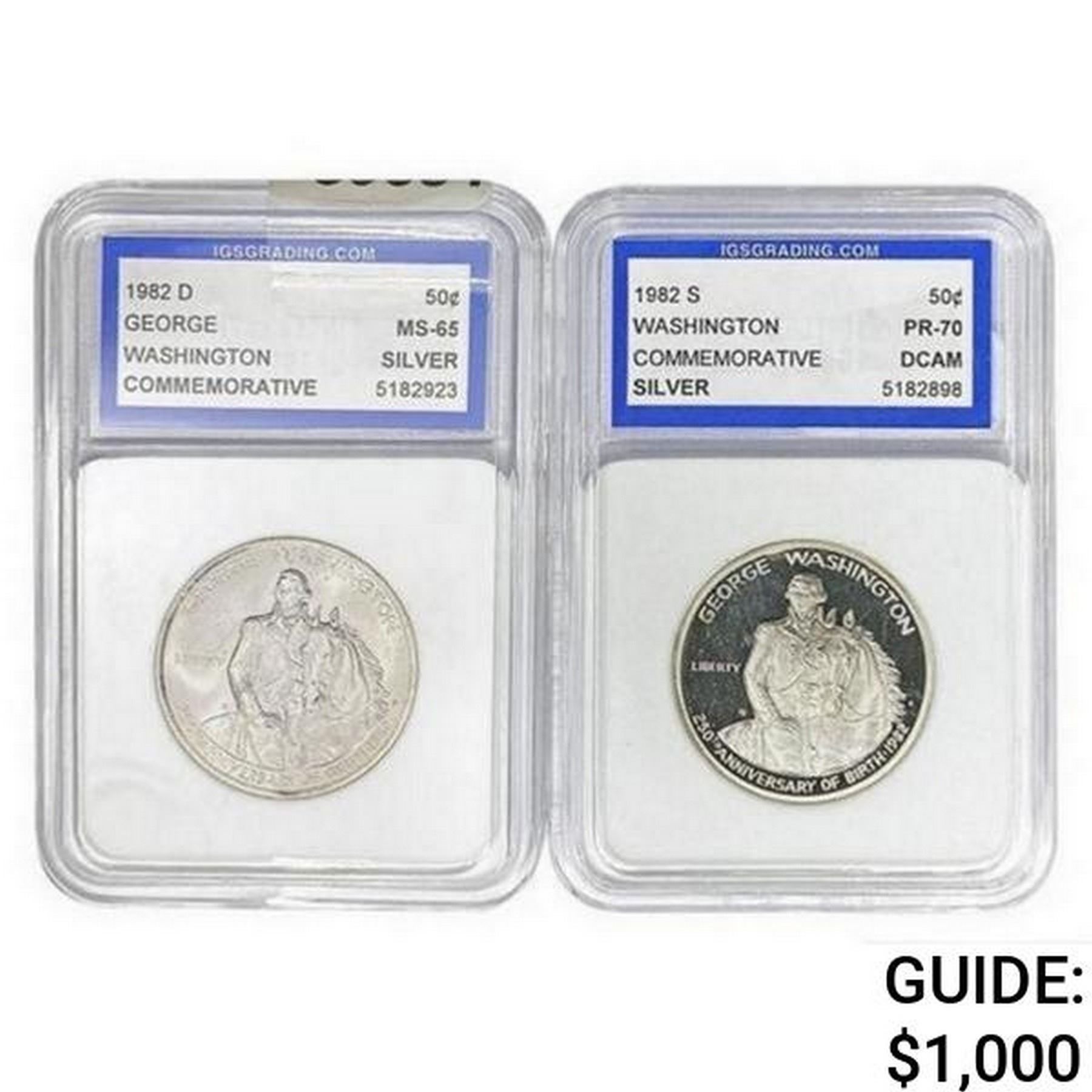 [2 Coins]1982-D/82-S Geo Wash 50 IGS MS-65/ PF70