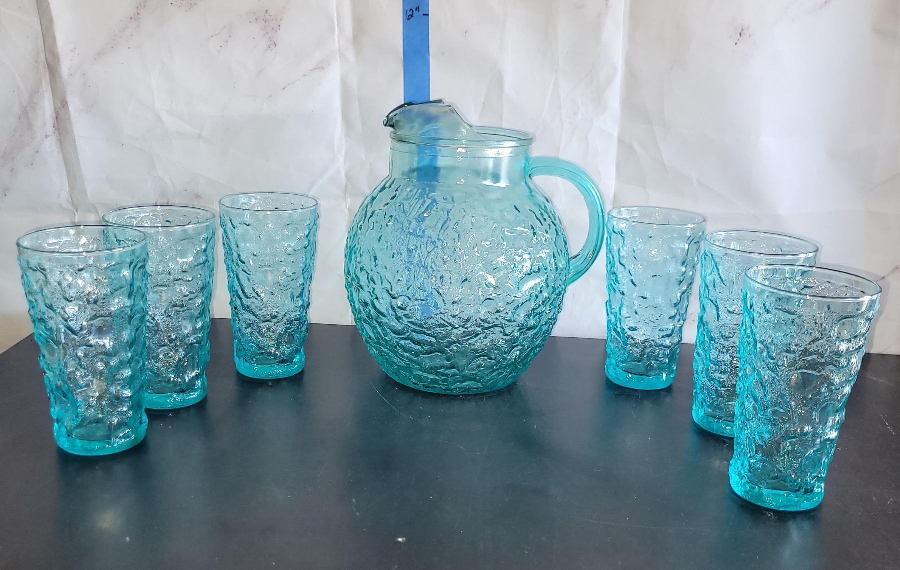 Mid Century Milano Aqua Crinkle Glass Pitcher & 6 Glasses