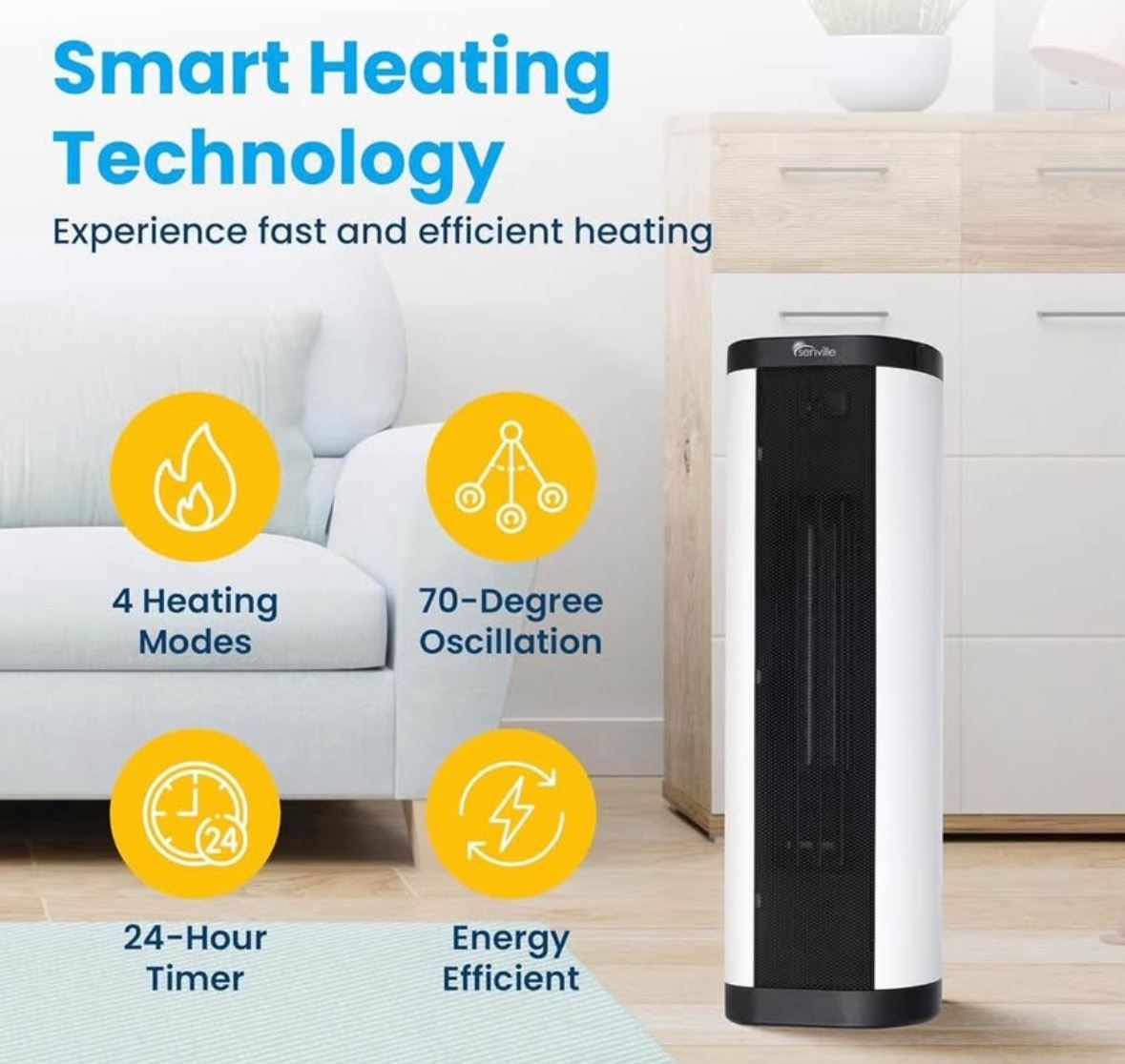 New Senville 22in swing ceramic tower heater with fan & remote