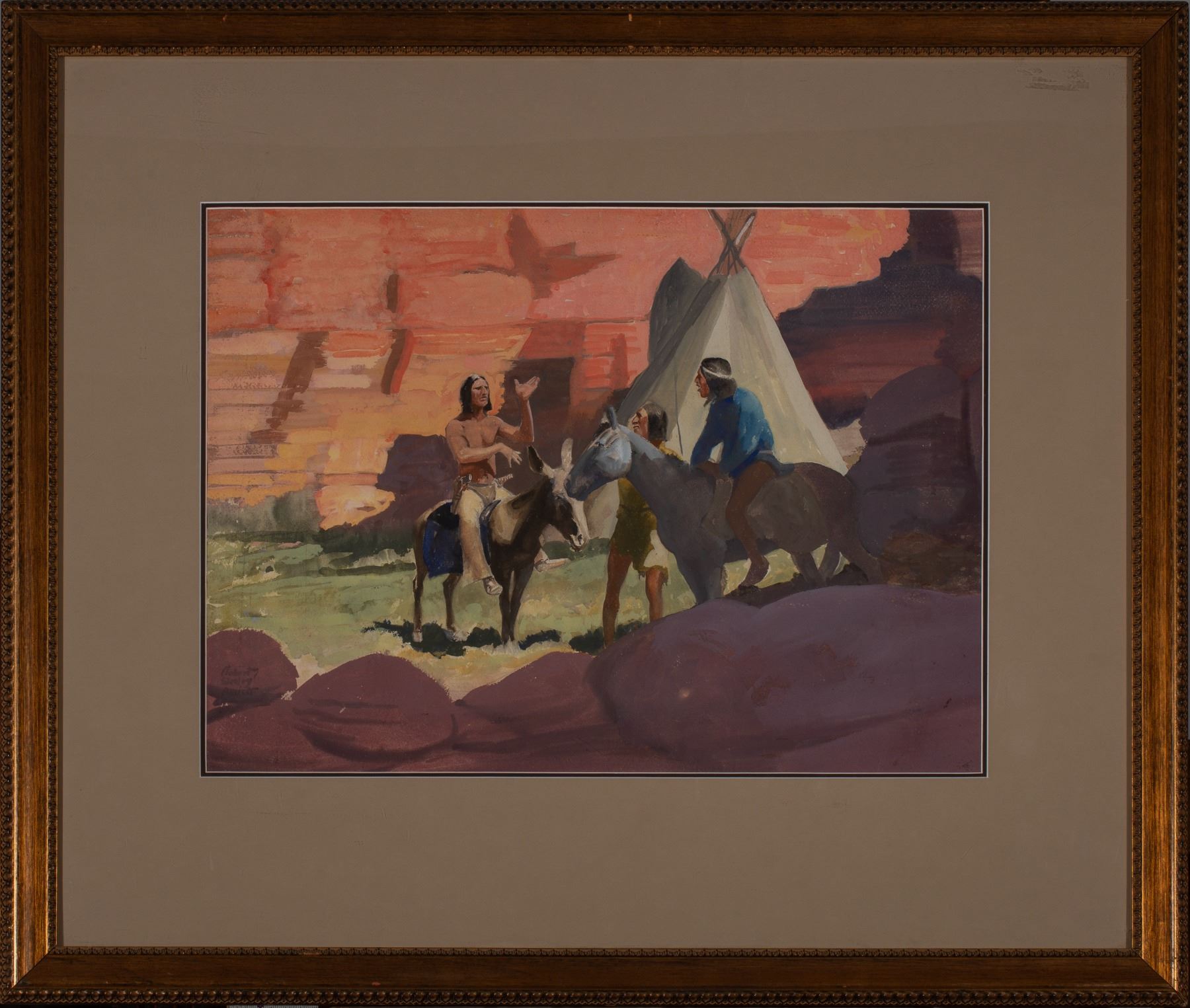 Robert Wesley Amick (1879-1969) "Indians in a Canyon" Original Watercolor