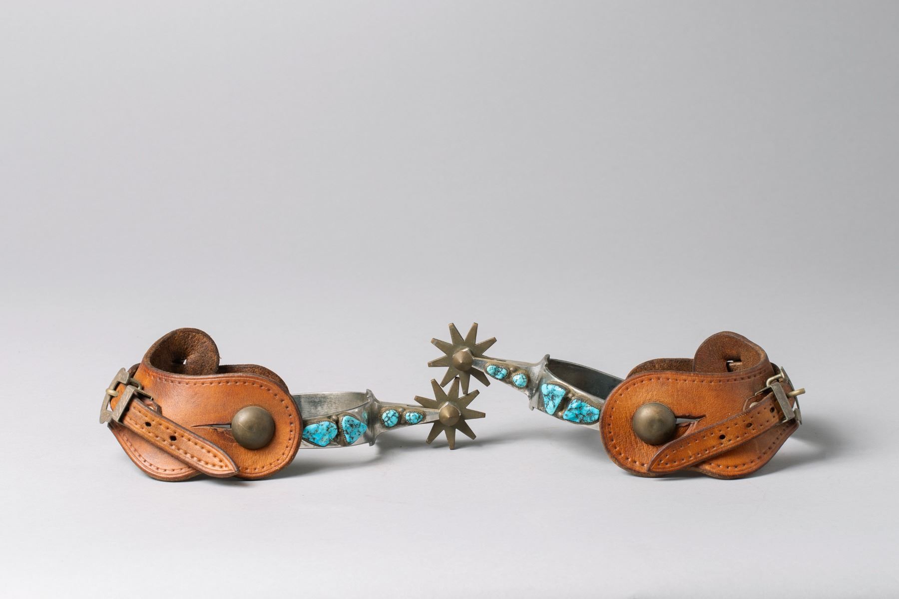 Pair of Navajo (Diné) Nickel-Silver Spurs with Turquoise Inlay