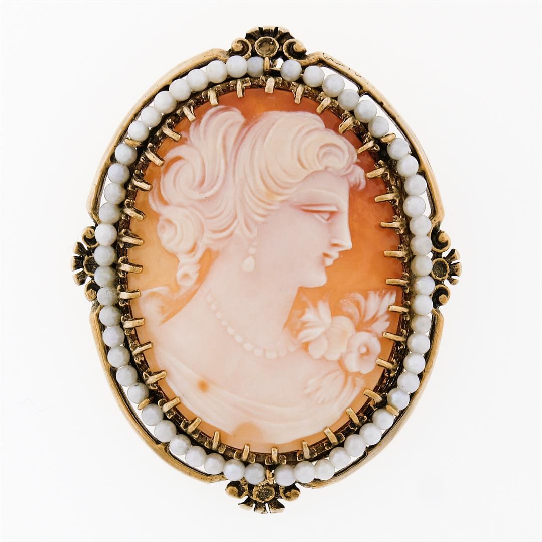Large Vintage 14k Yellow Gold Carved Shell Cameo Pearl Frame Halo ...
