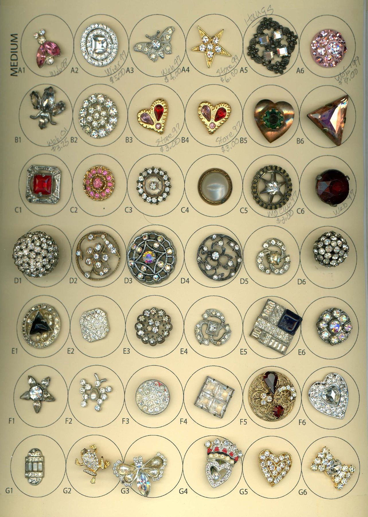 A full card of assorted jeweled buttons
