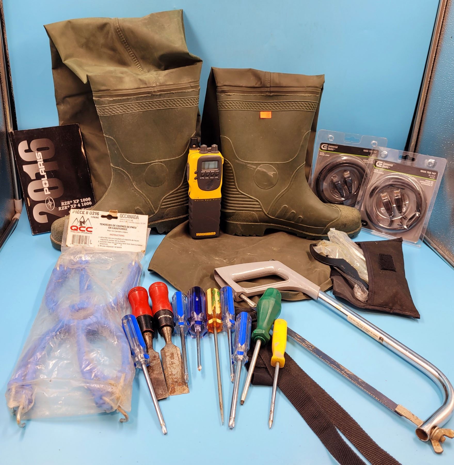 Assorted Tools, Waders, Patch Cords, Rubber Tire Chain Tensioner ...