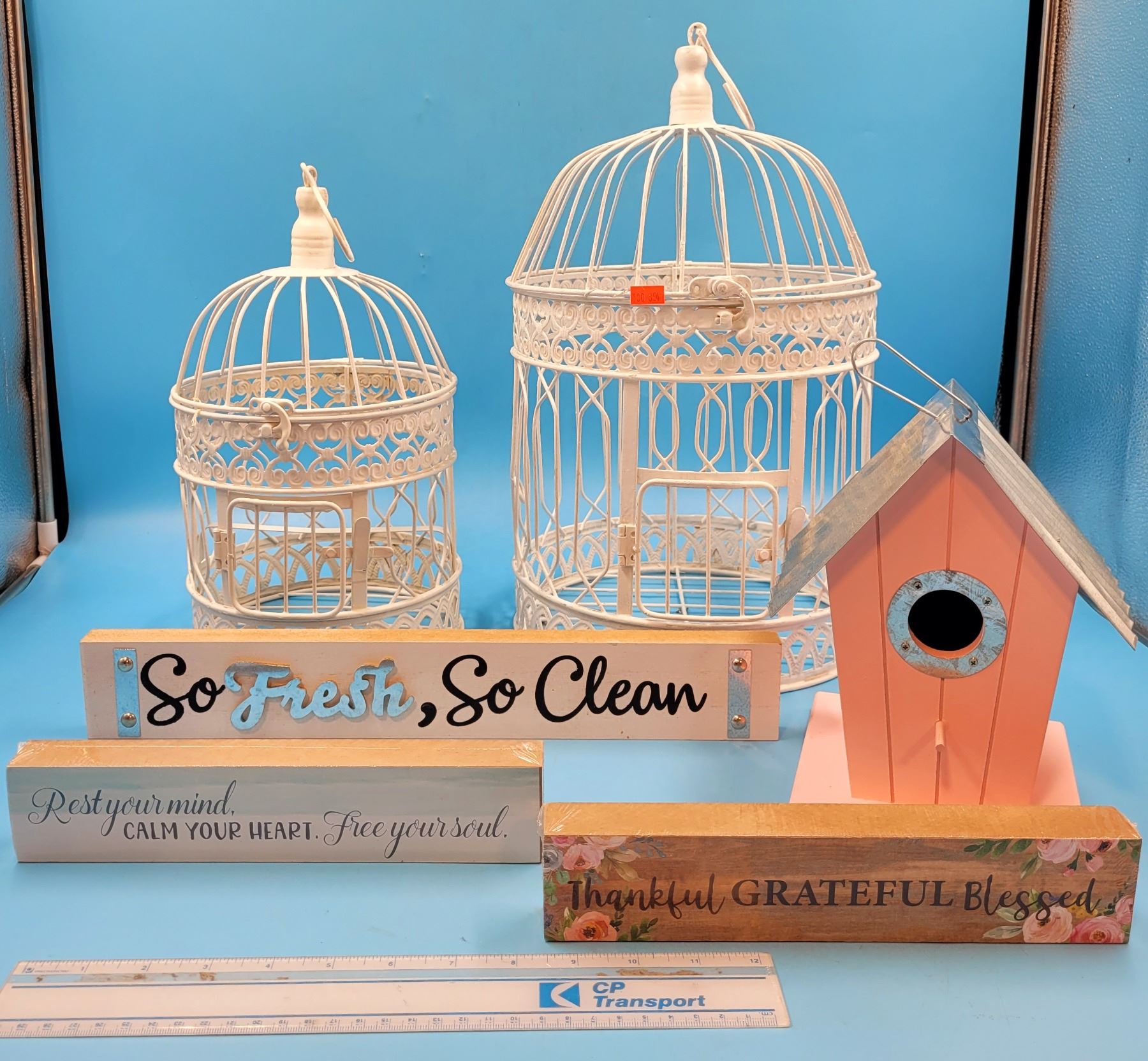 Home & Garden Décor Lot w/ Bird Cages, Signs, & Birdhouse