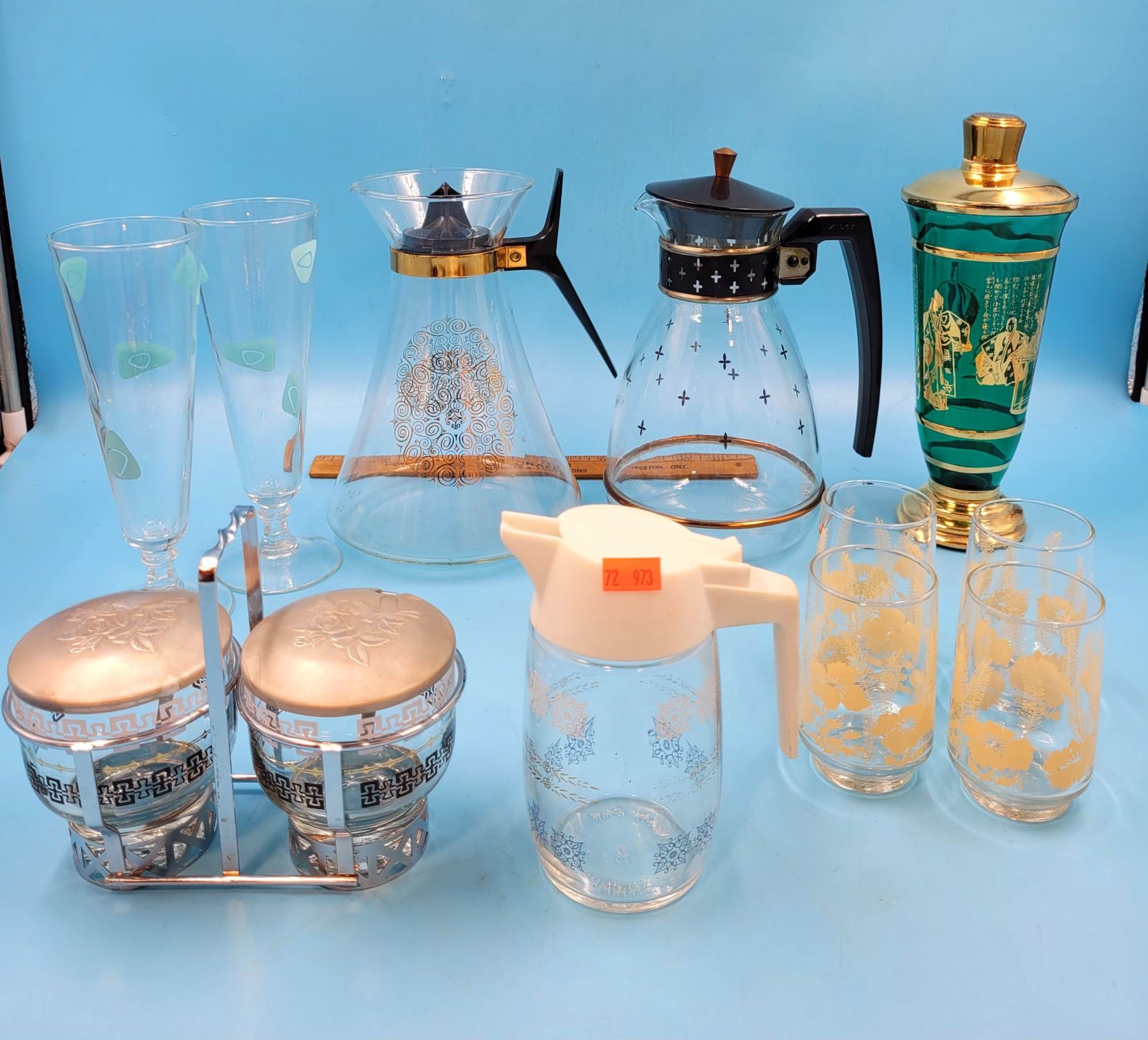 VTG Glassware Lot w/ Emerald Green Sake Decanter, Starlight Coffee Carafe, & More