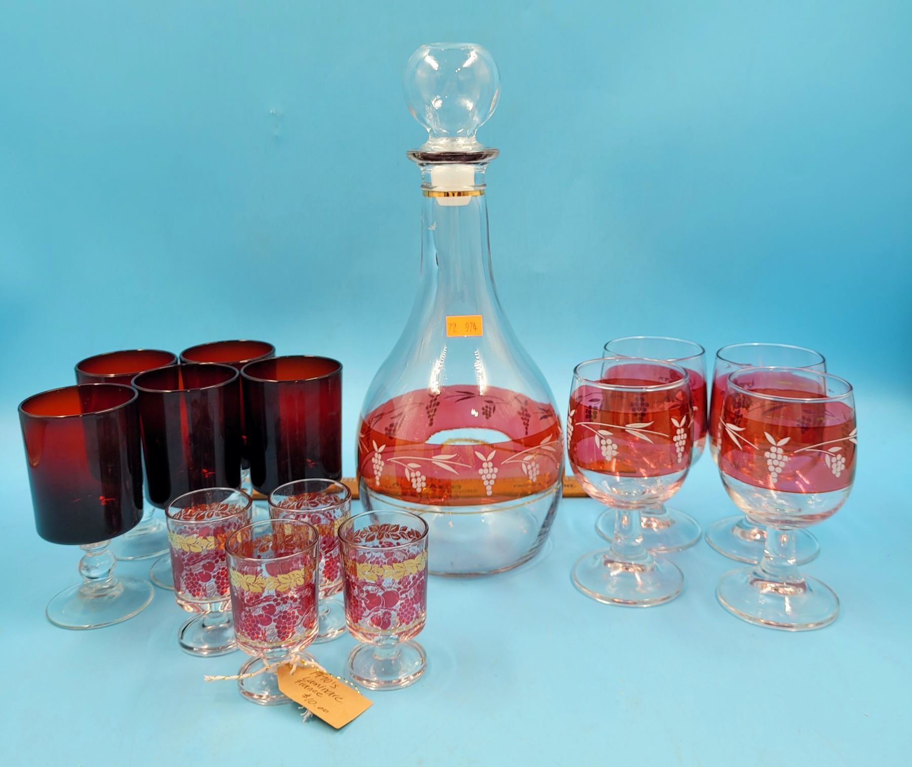 VTG Glassware Lot w/ 1970's Cups Made in France, Grape Decanter & Cups ...
