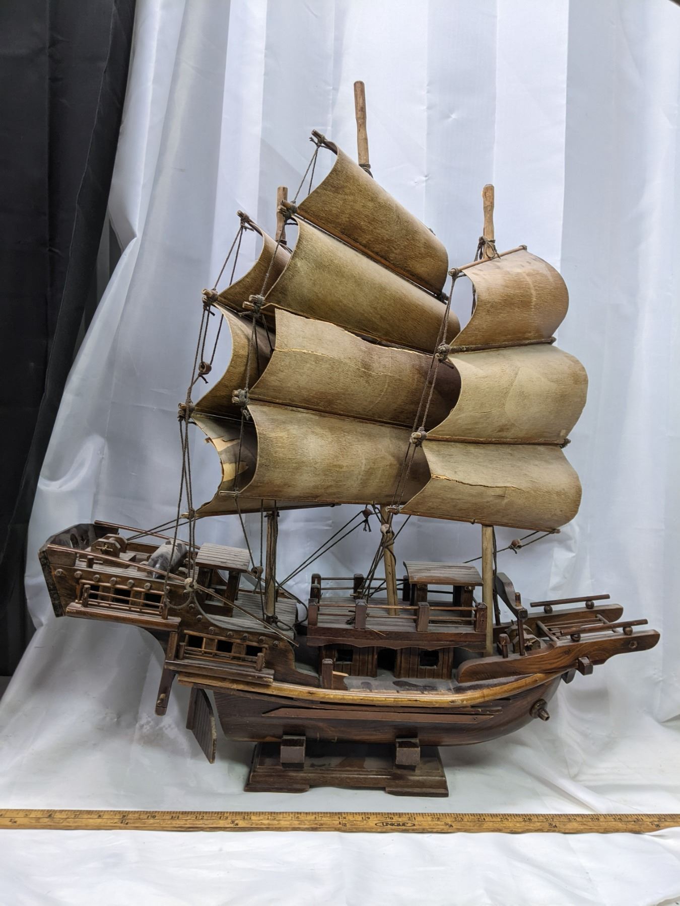 large wooden model ship with base - very detailed, 27" long, 32" tall ...