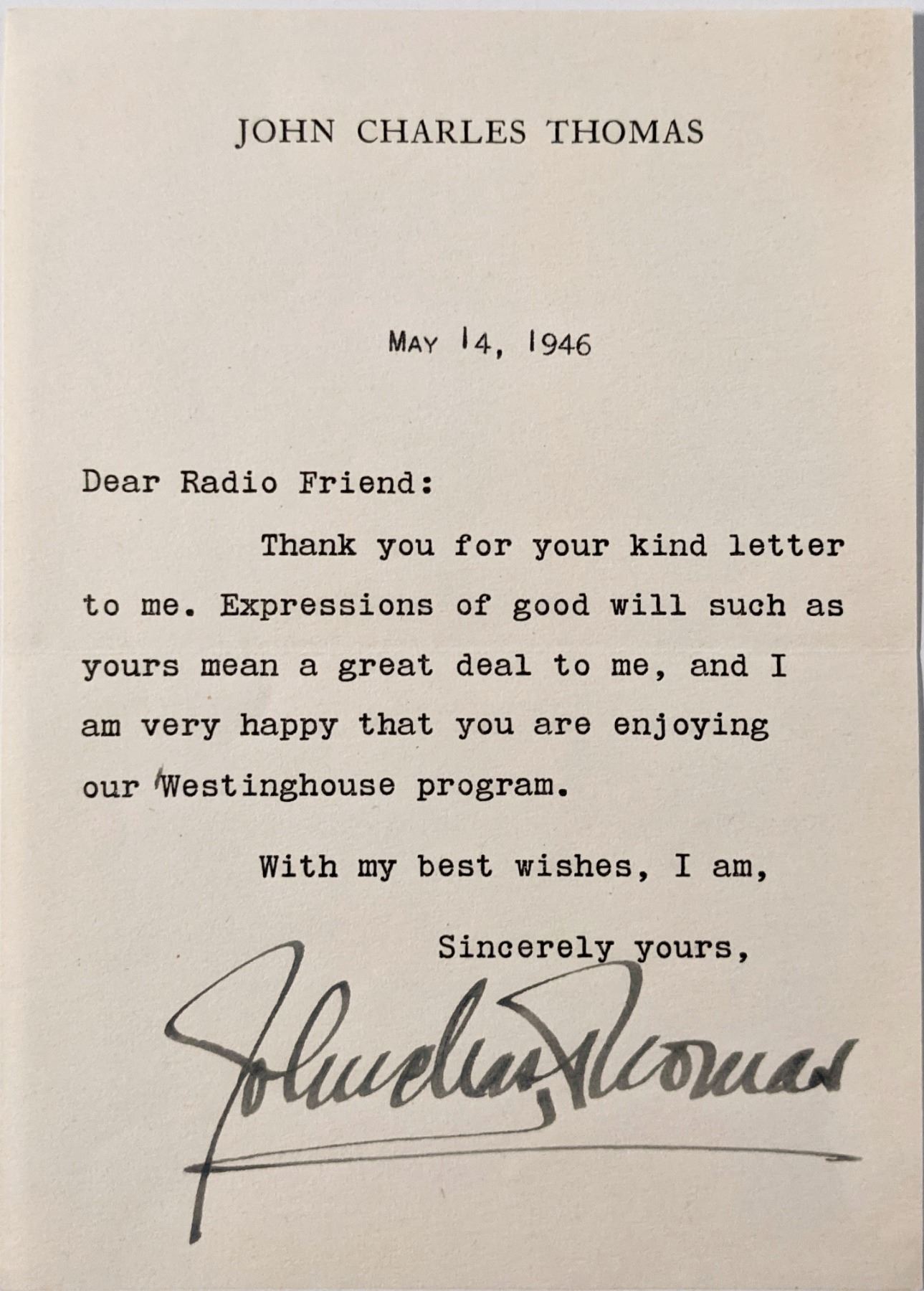 John Charles Thomas Signed Note